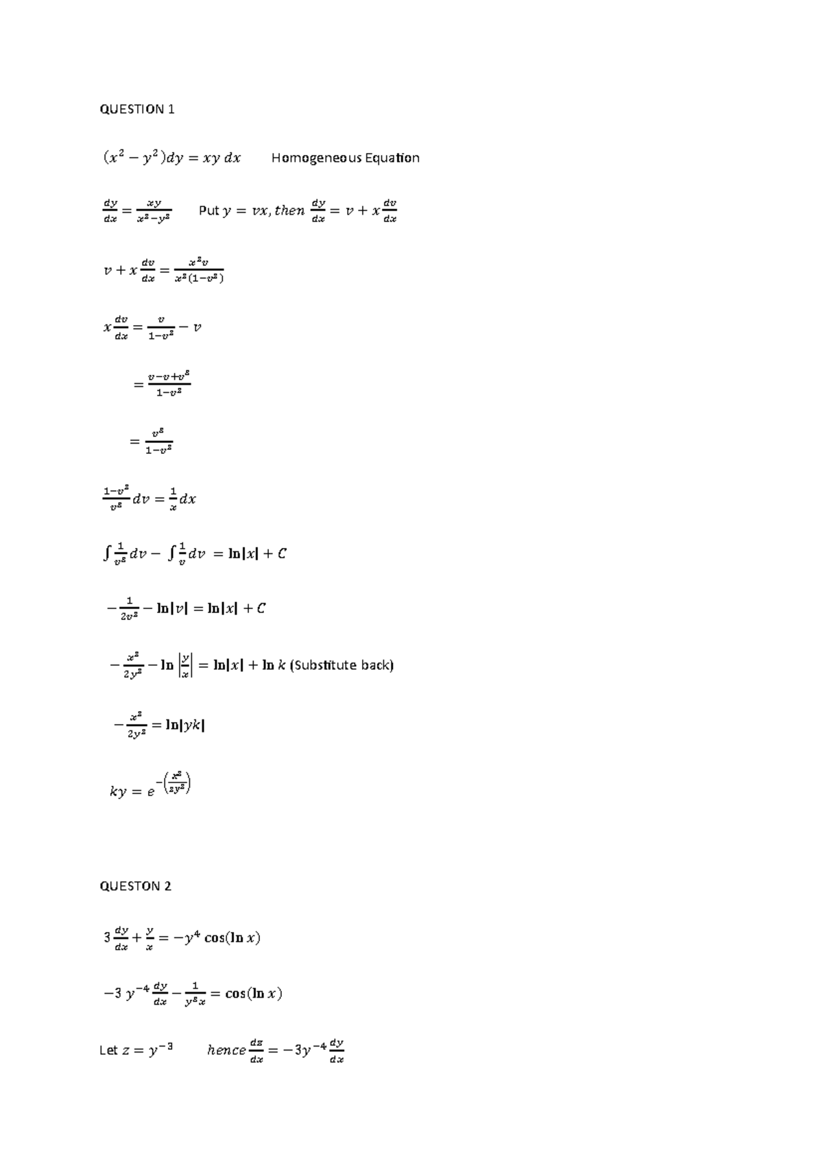 Mat3700 Assignment 01 Solutions Question 1 𝑥 2 − 𝑦 2 𝑑𝑦 𝑥𝑦 𝑑𝑥