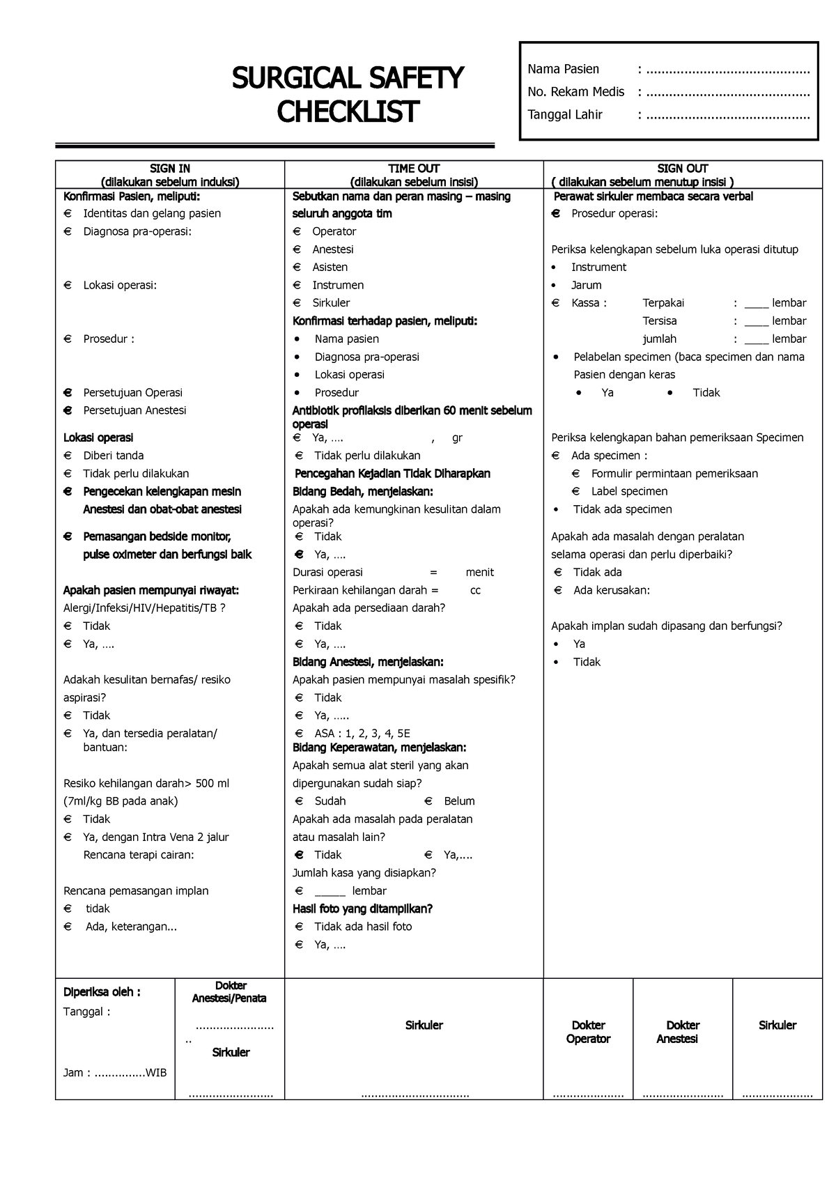 Form Surgical Safety Checklist 1909 Rev 1 Sign In Dilakukan