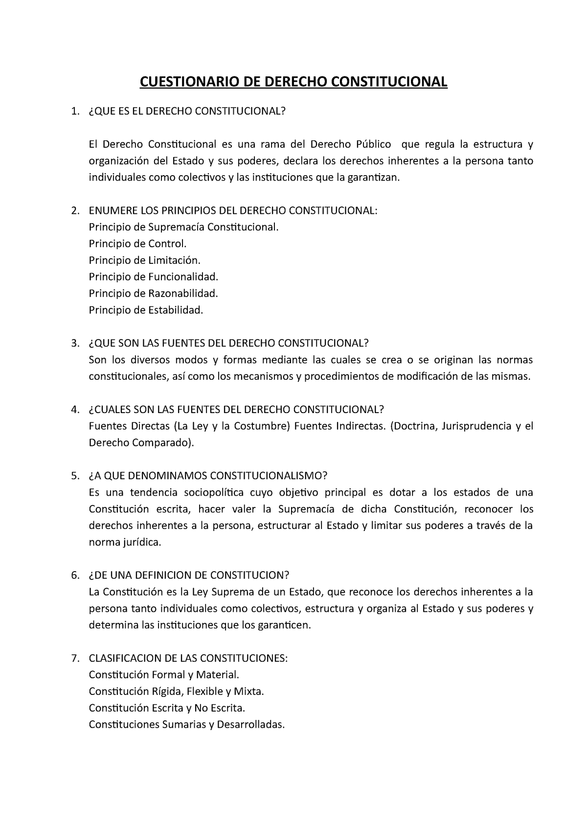 Cuestionario De Derecho Constitucional Cuestionario De Derecho