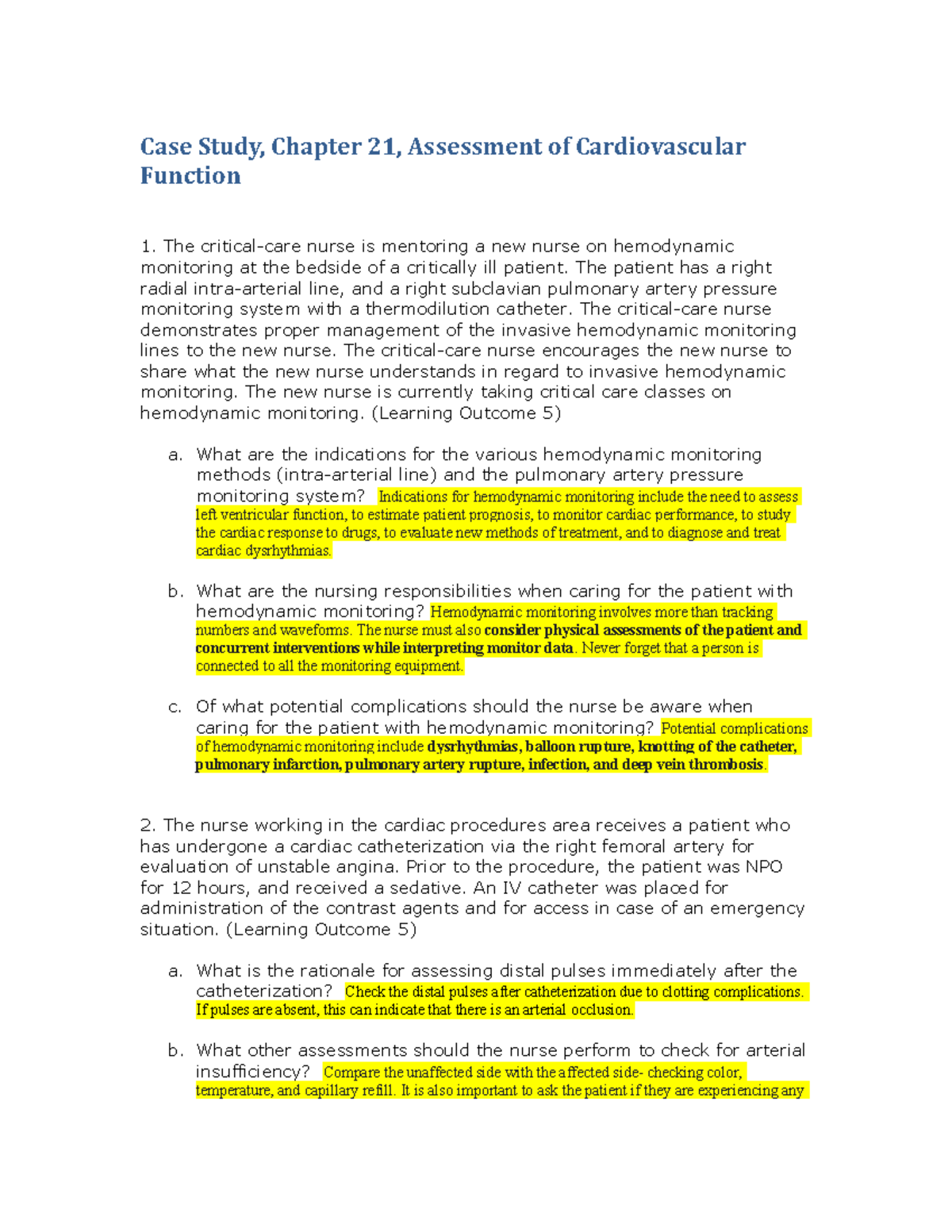 Week 2 Ch 21 Assessment Of Cardiovascular Function Case Study