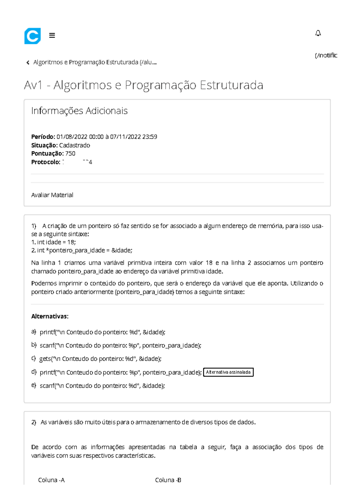 Av1 Algoritmos E Programação Estruturada Algoritmos E Programação