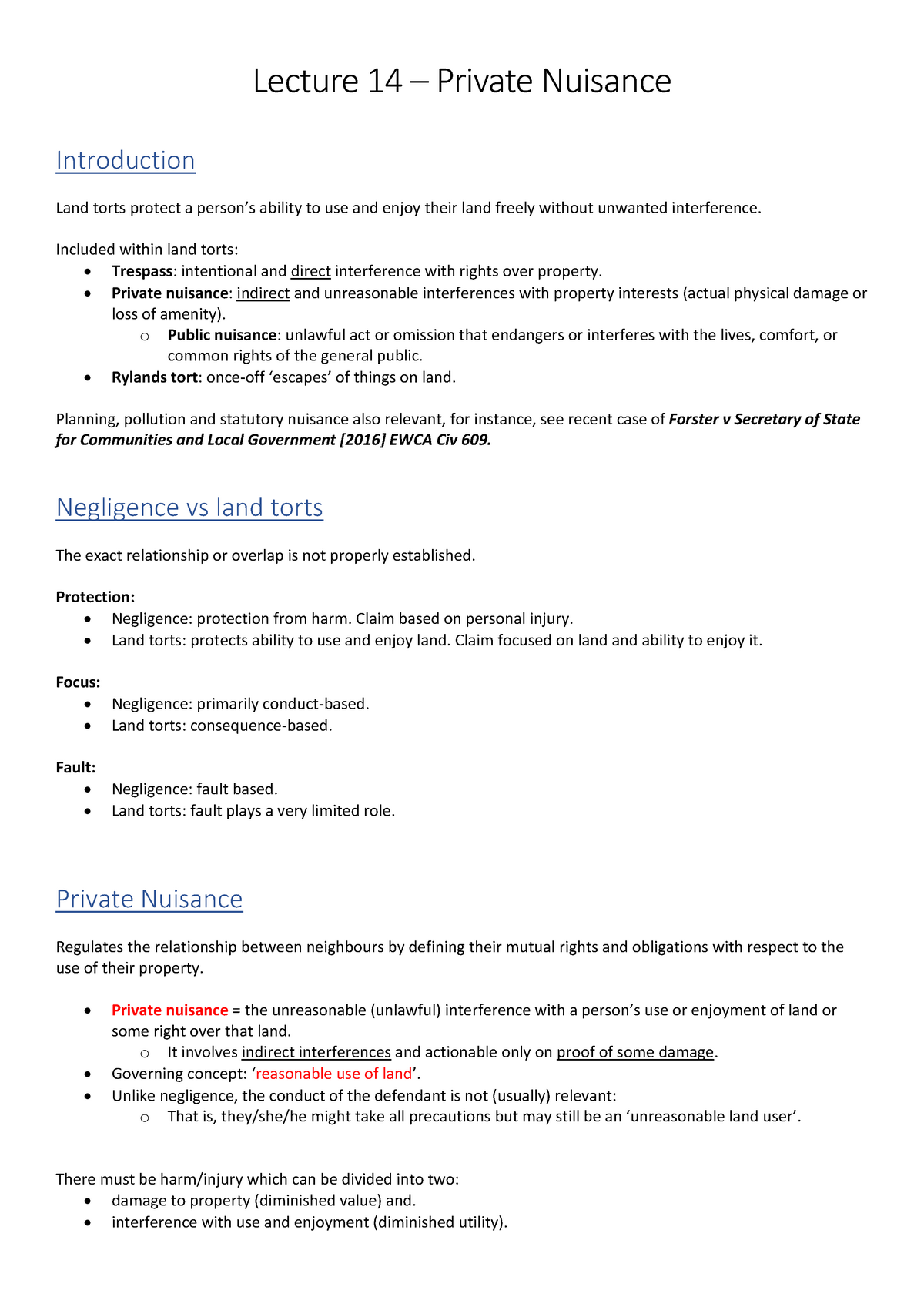 Private Nuisance Tort Law Lecture Notes Lecture 14 Private Nuisance