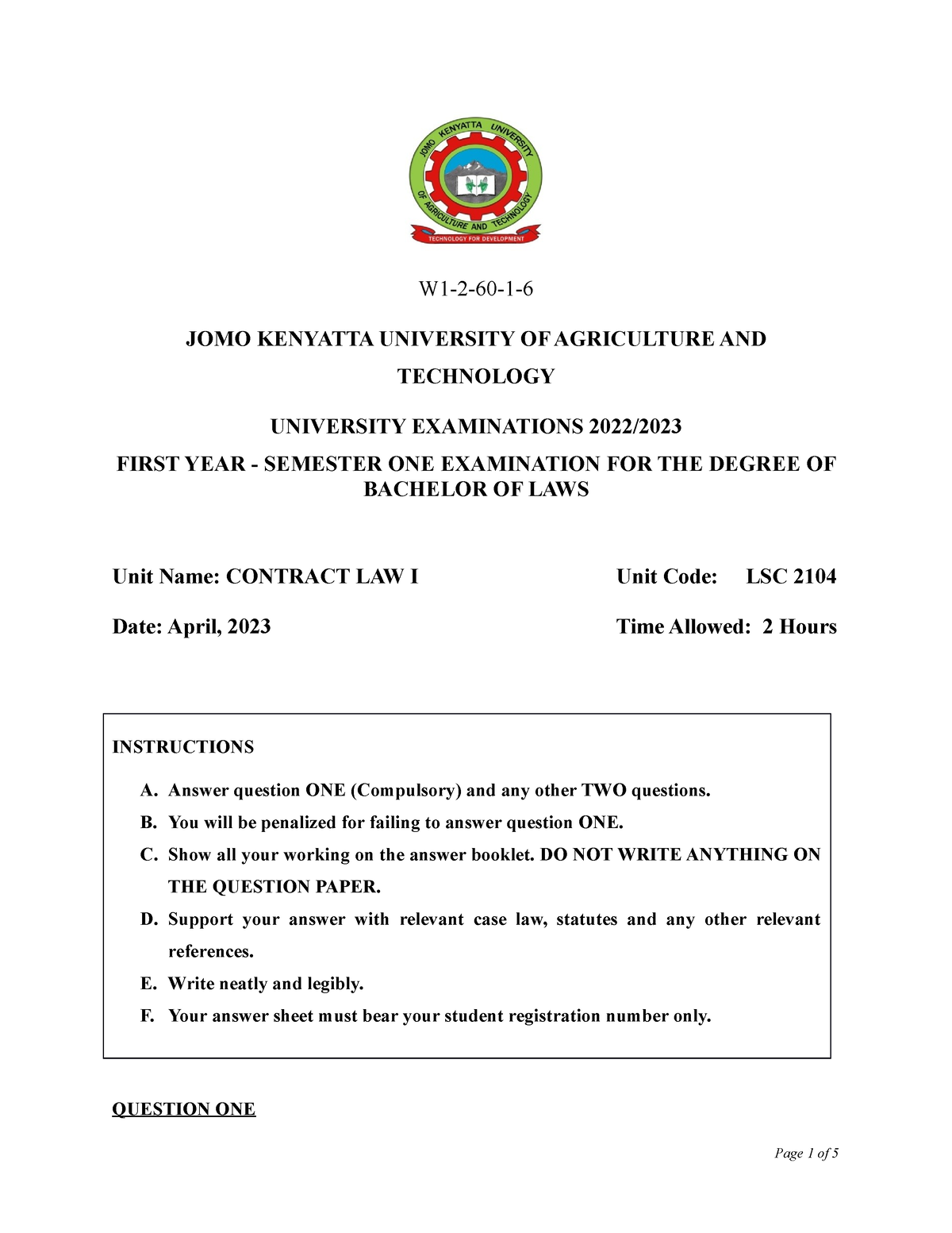 April 2023 Exam Contract Law I W1 2 60 1 Jomo Kenyatta