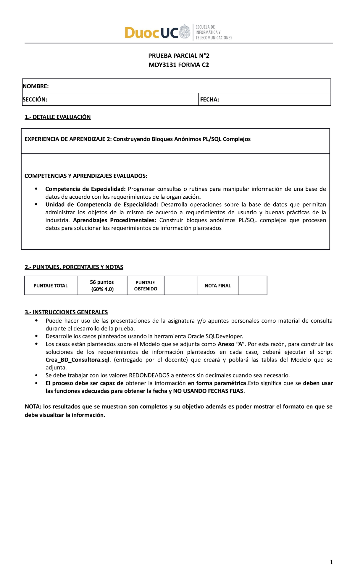 Prueba N°2 Mdy3131 Seccion 14 Prueba Parcial N° Mdy3131 Forma C