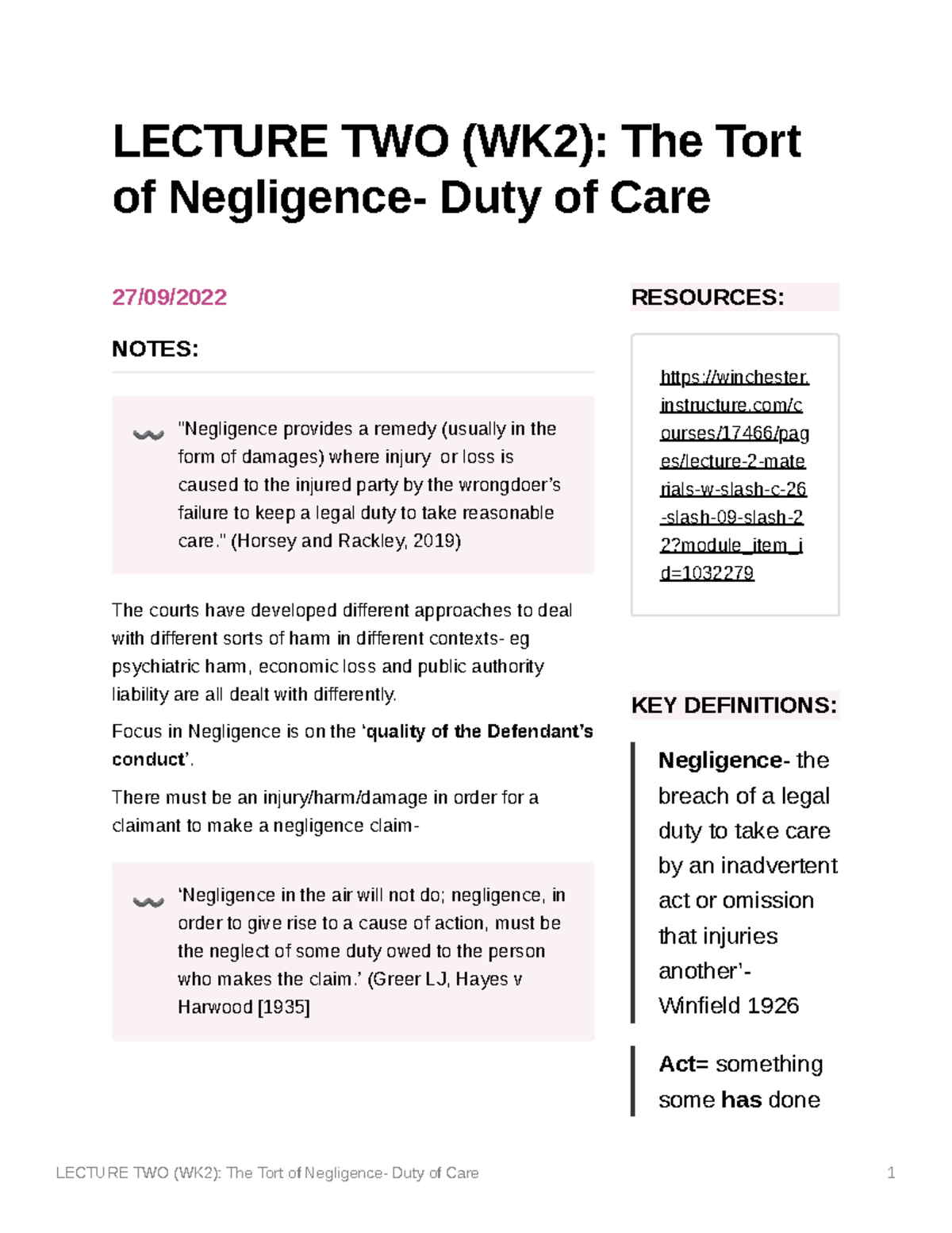 Lecture Two The Tort Of Negligence Duty Of Care Lecture Two Wk2