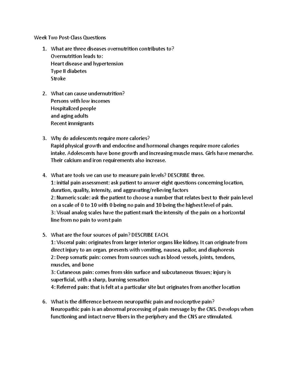 Nr 302 Week Two Post Class Questions Week Two Post Class Questions