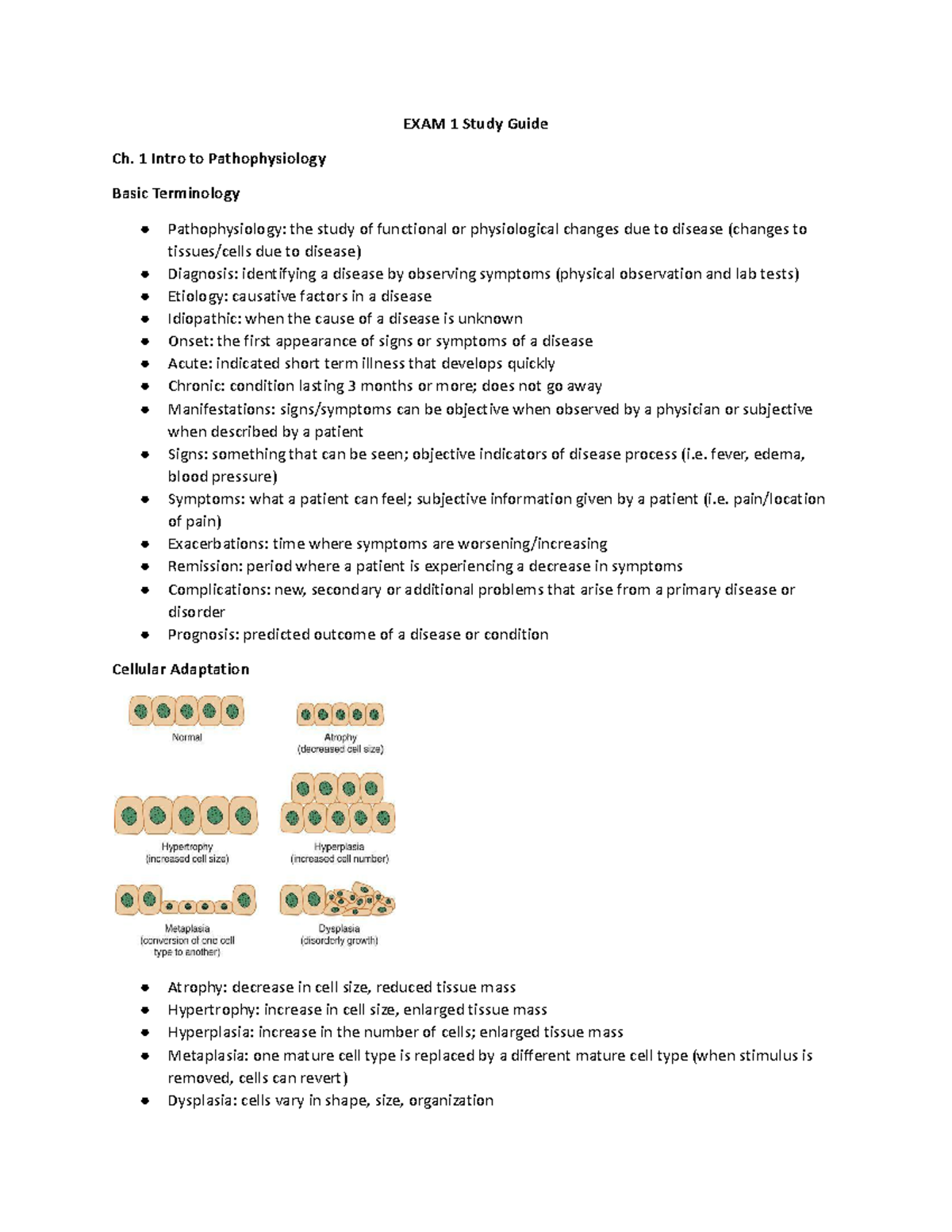 Patho Study Guide Exam 1 Exam 1 Study Guide Ch 1 Intro To