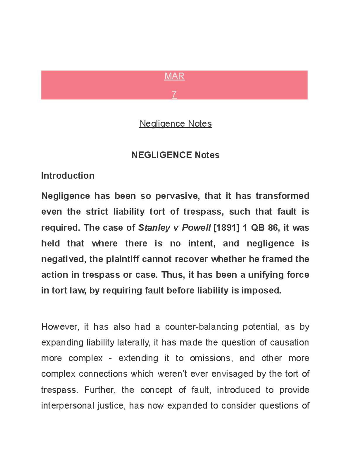 Full Notes On Negligence Under Tort Law Law Ucu Studocu