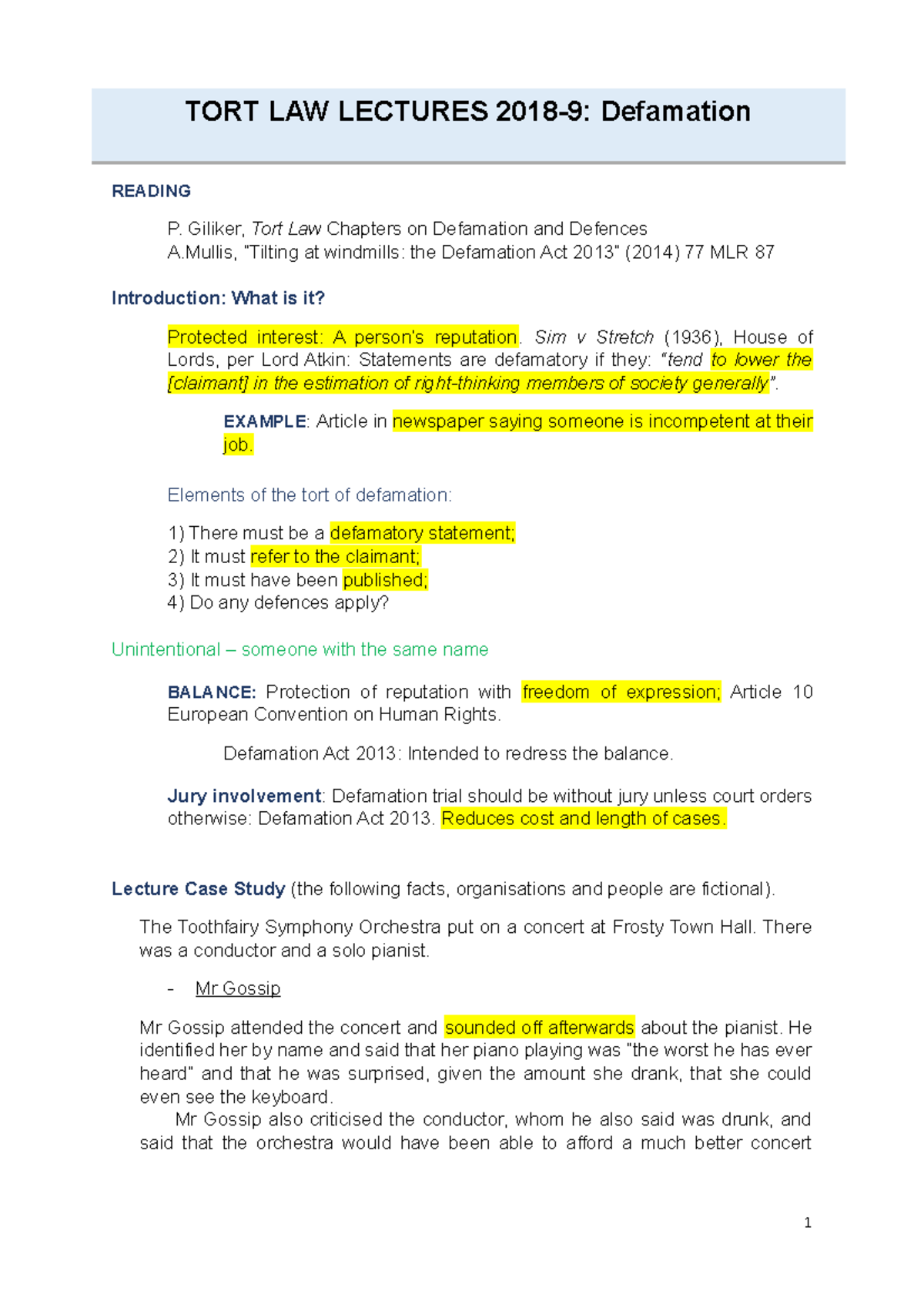 Defamation Lecture Handout 2019 1 Reading P Giliker Tort Law