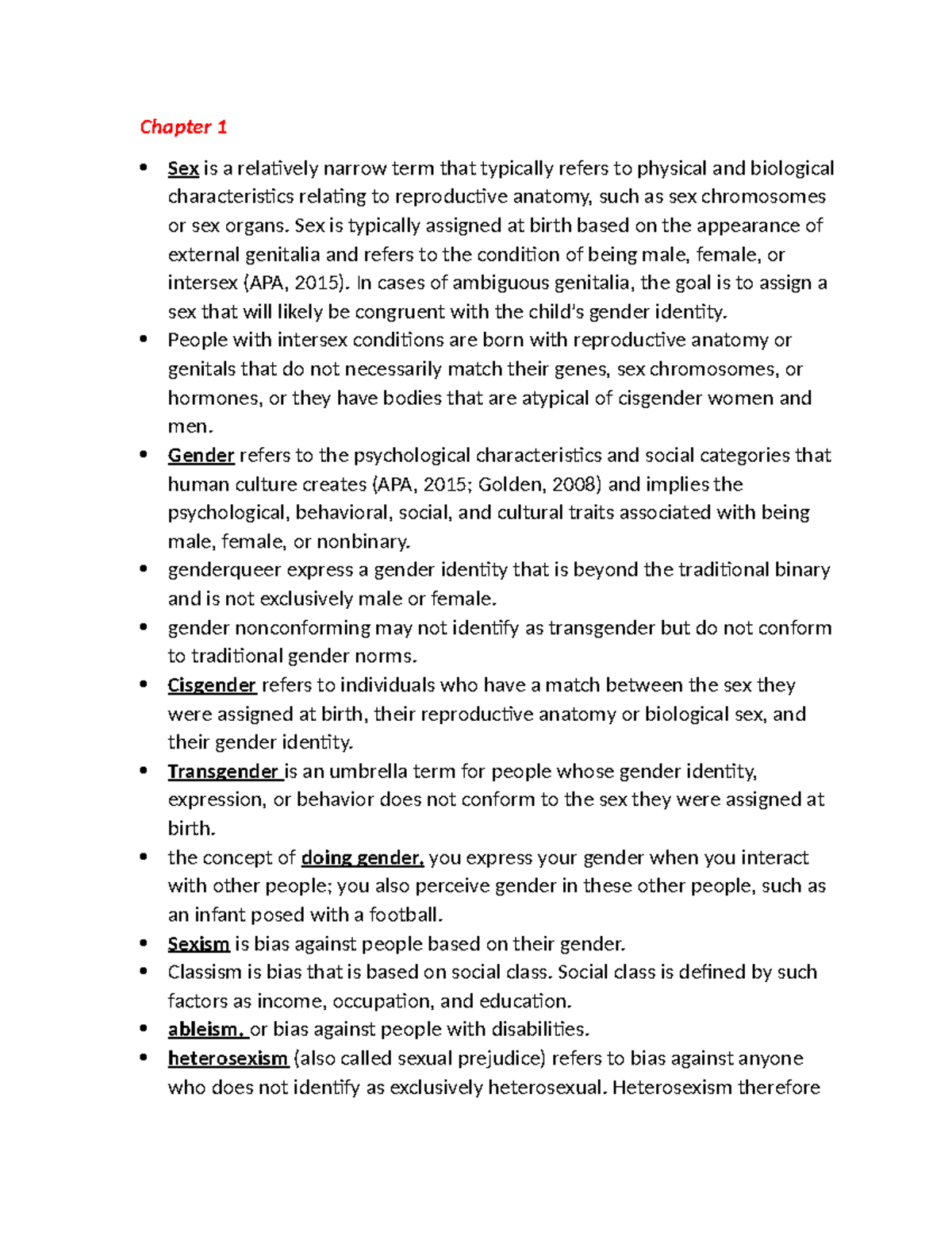 Notes 1 For Psyc Of Women Chapter 1 Sex Is A Relatively Narrow Term