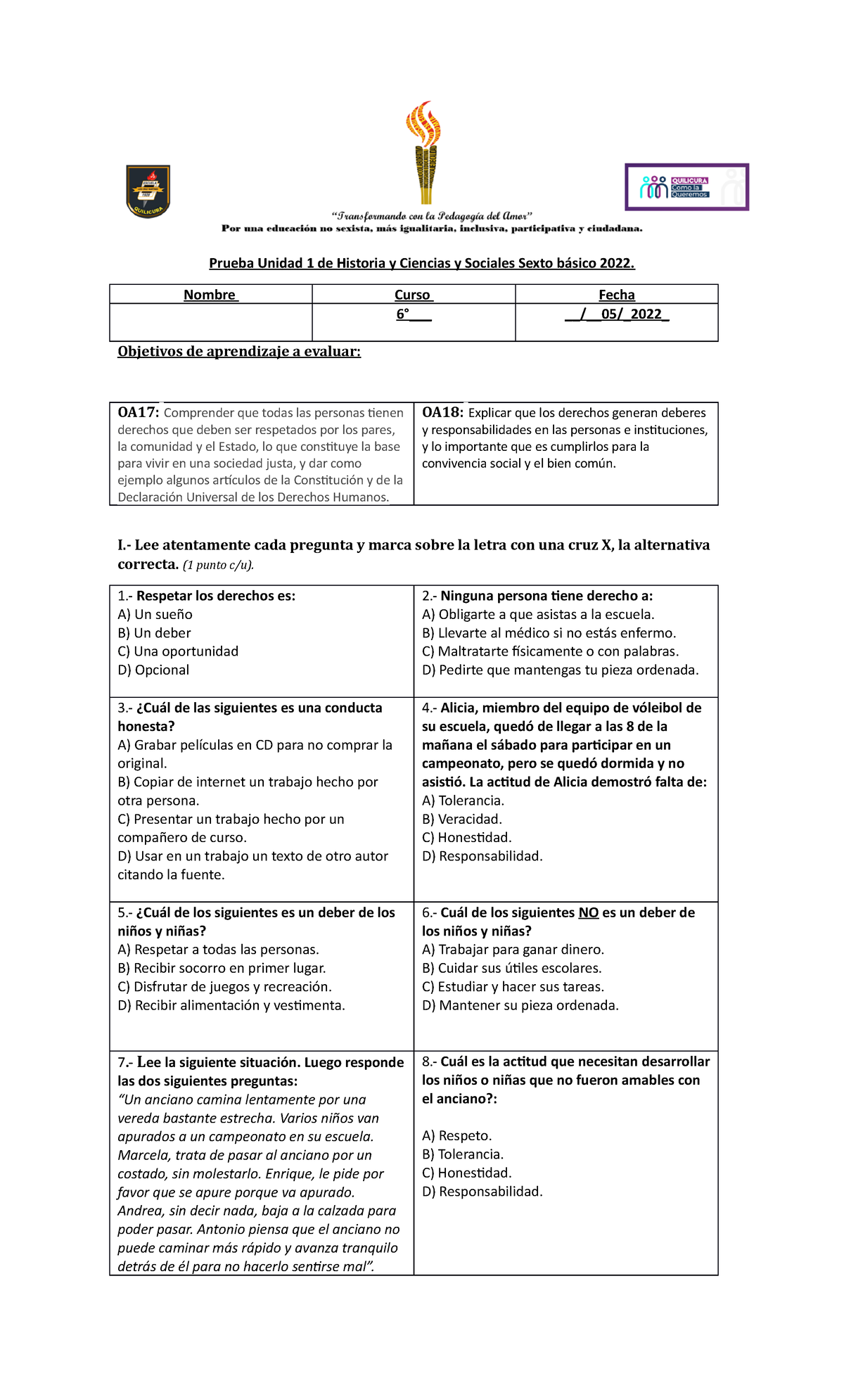 Prueba De Historia Y Ciencias Y Sociales Sexto Básico 2022 Nombre