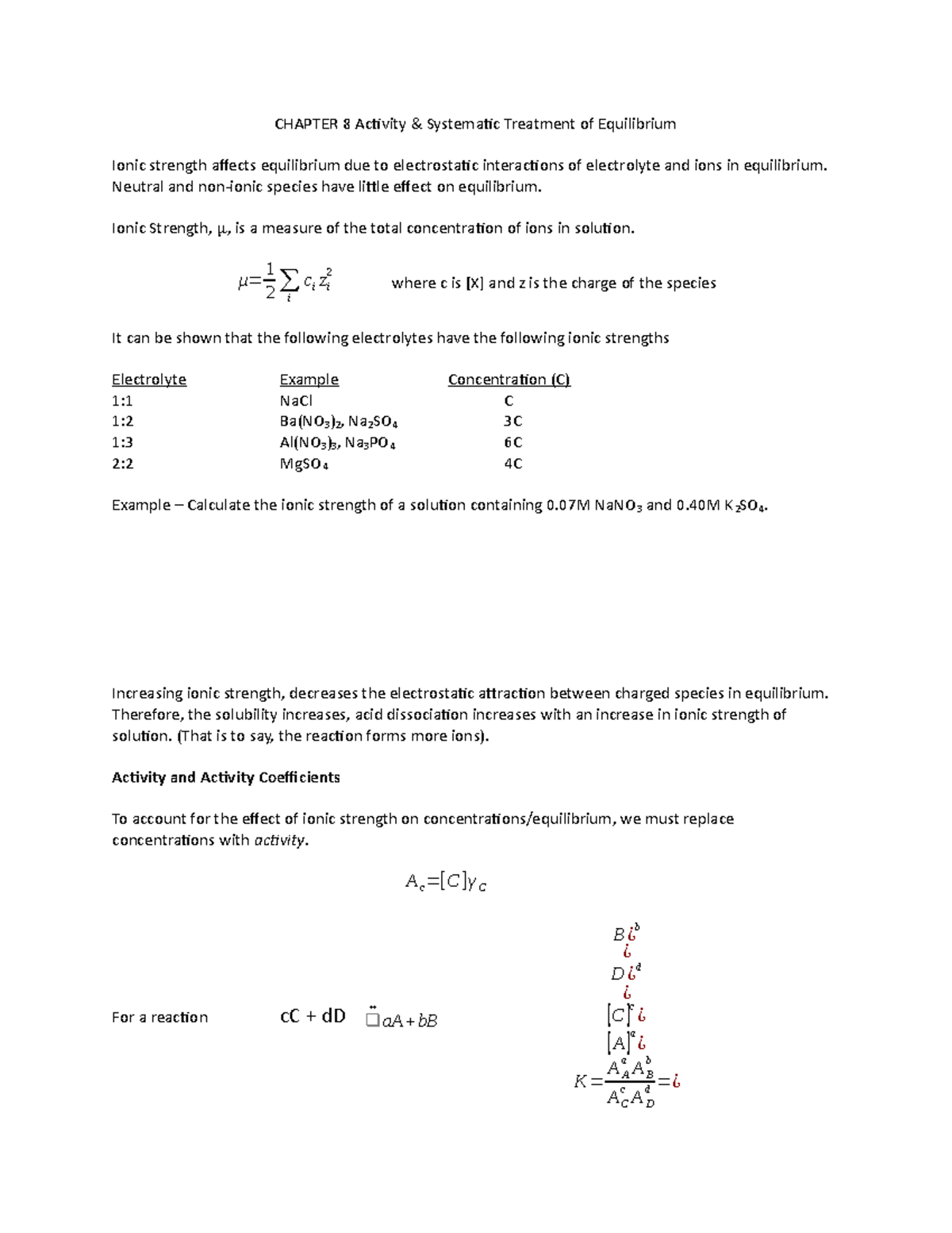 Chapter 8 Activity And Systematic Treatment Of Equilibrium Chapter 8