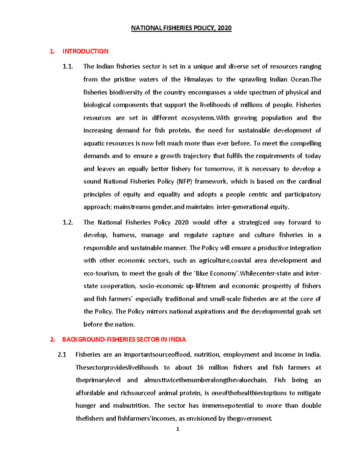 National Fisheries Policy 2020 National Fisheries Policy 2020 1