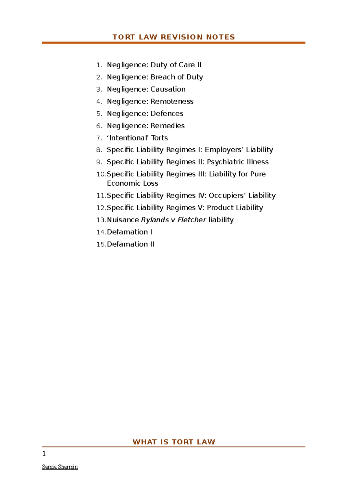 Tort Law Revision Notes Tort Law Revision Notes What Is Tort Law 1 1