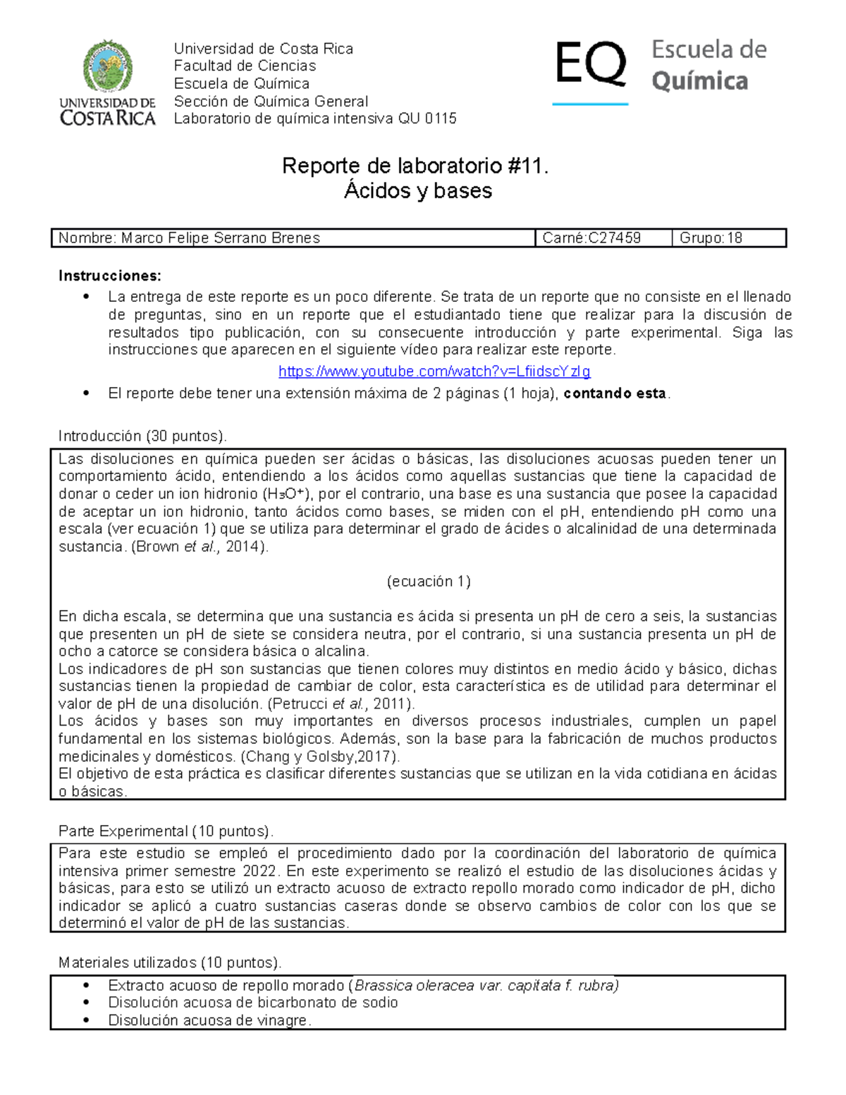 Reporte De ácidos Y Bases Universidad De Costa Rica Facultad De