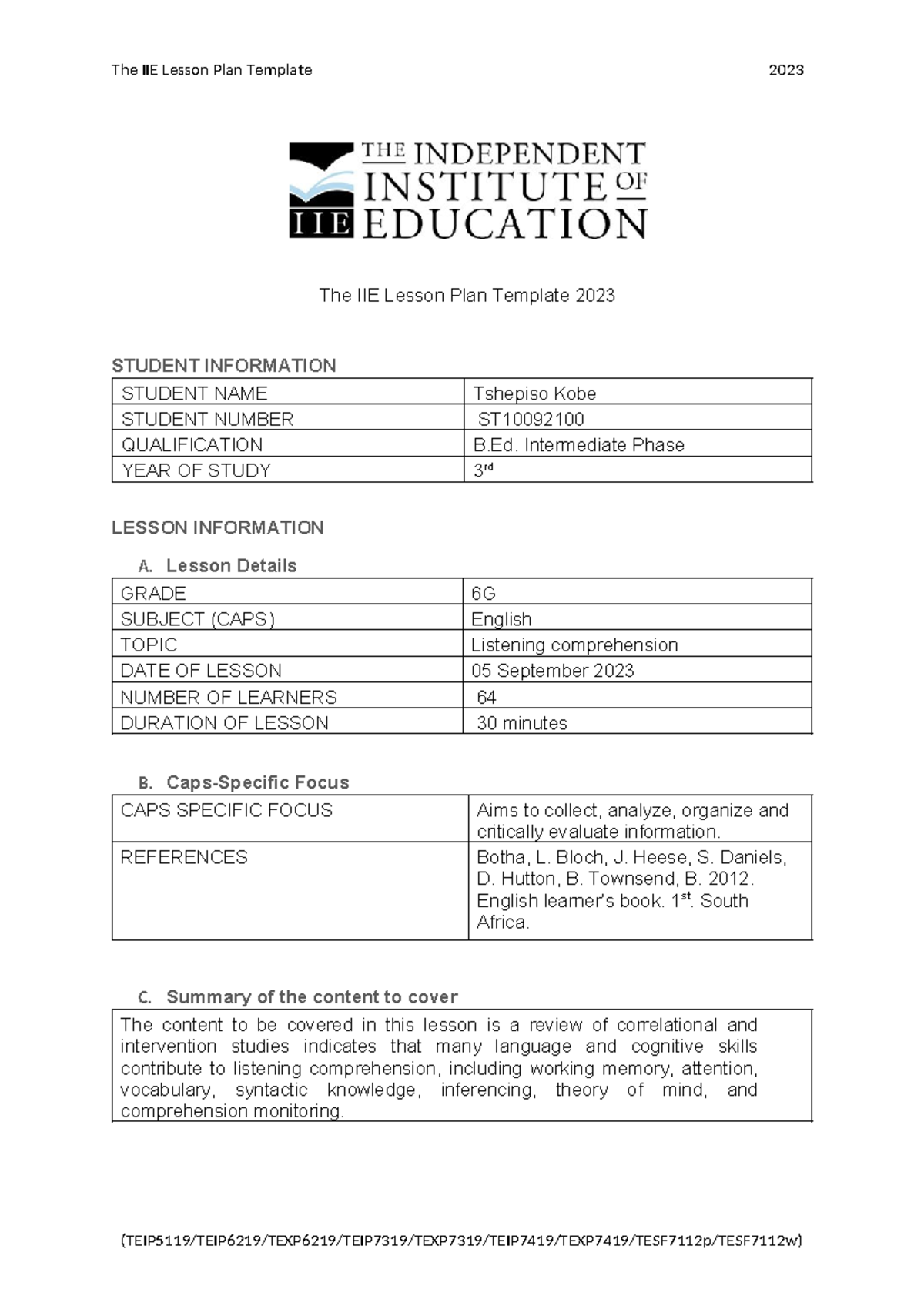 Teip7319 English The Iie Lesson Plan Template 2023 Student