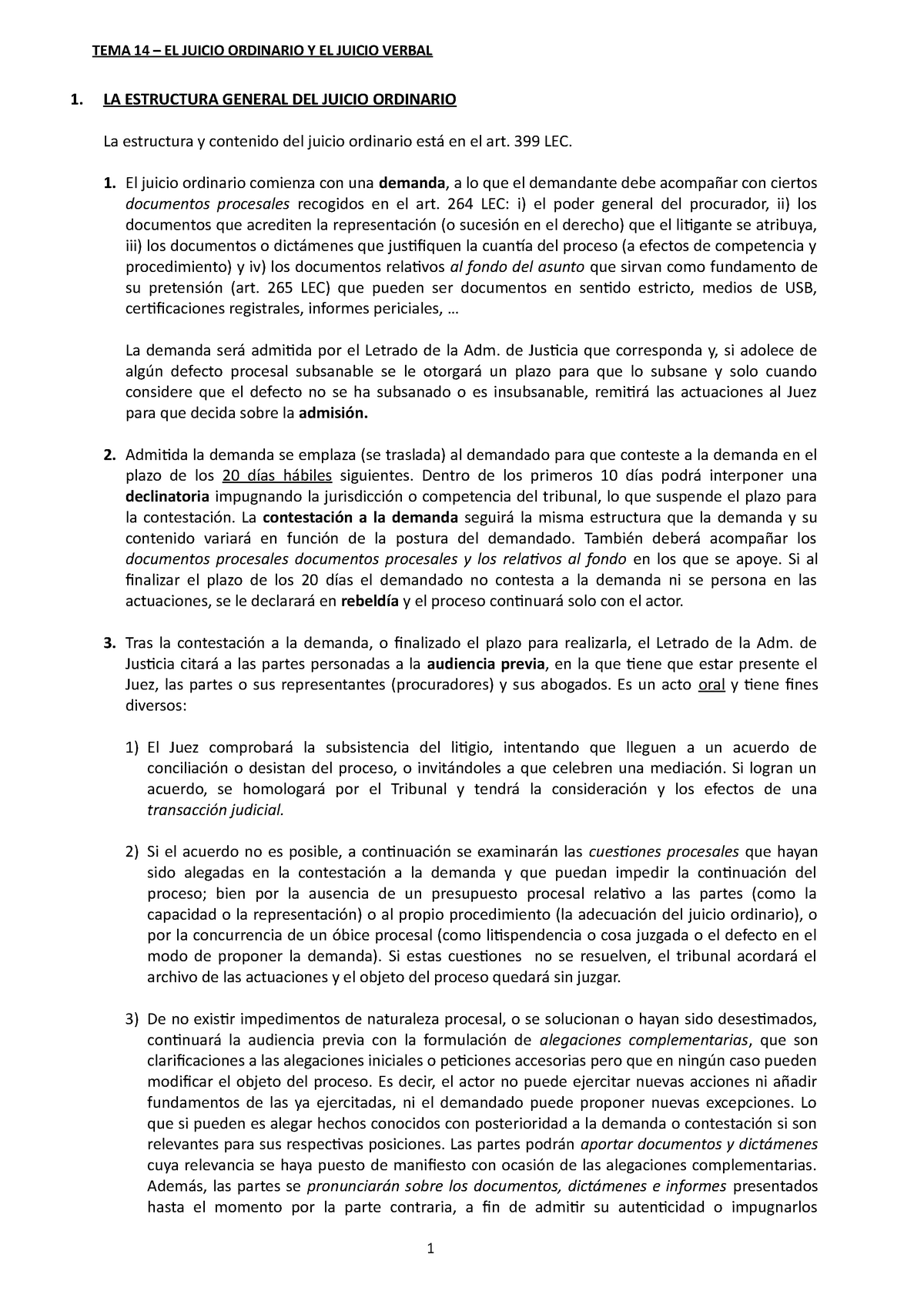 Tema 14 Procesal Civil I Tema 14 El Juicio Ordinario Y El Juicio