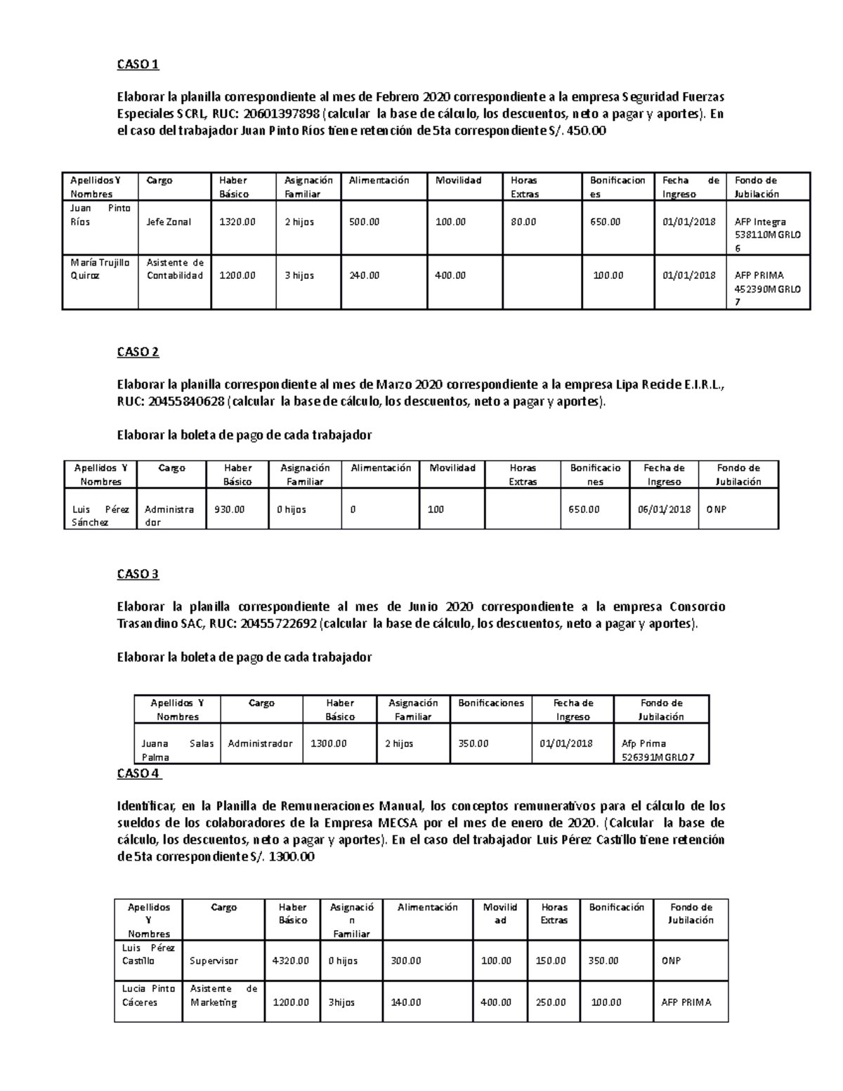 Casos Practicos Planillas 2 Caso 1 Elaborar La Planilla