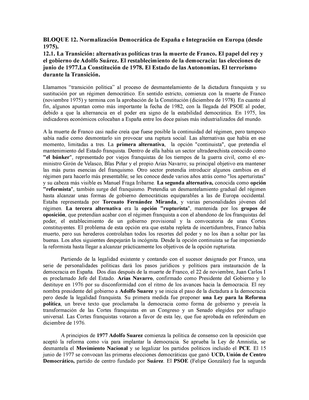 Bloque 12 Apuntes Bloque 12 Normalización Democrática De España E