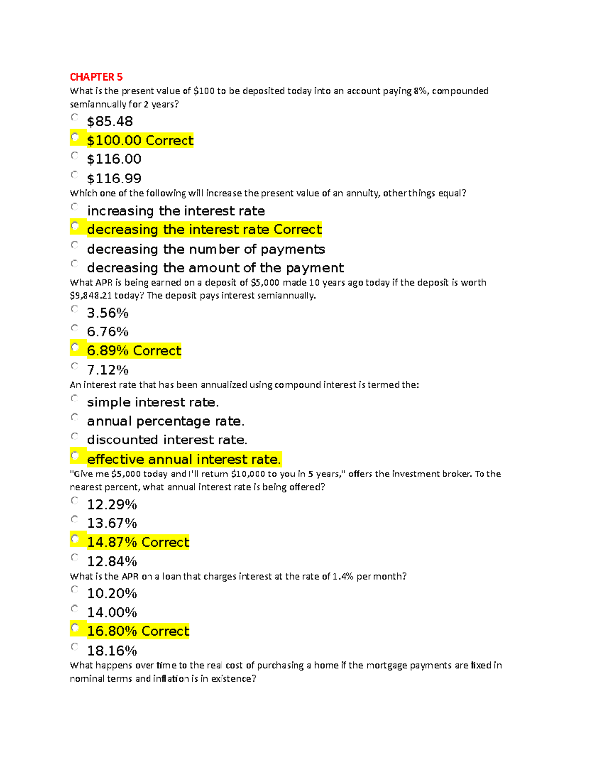 Corporate Finance Quiz Answers Multiple Choice And Problems Fnce