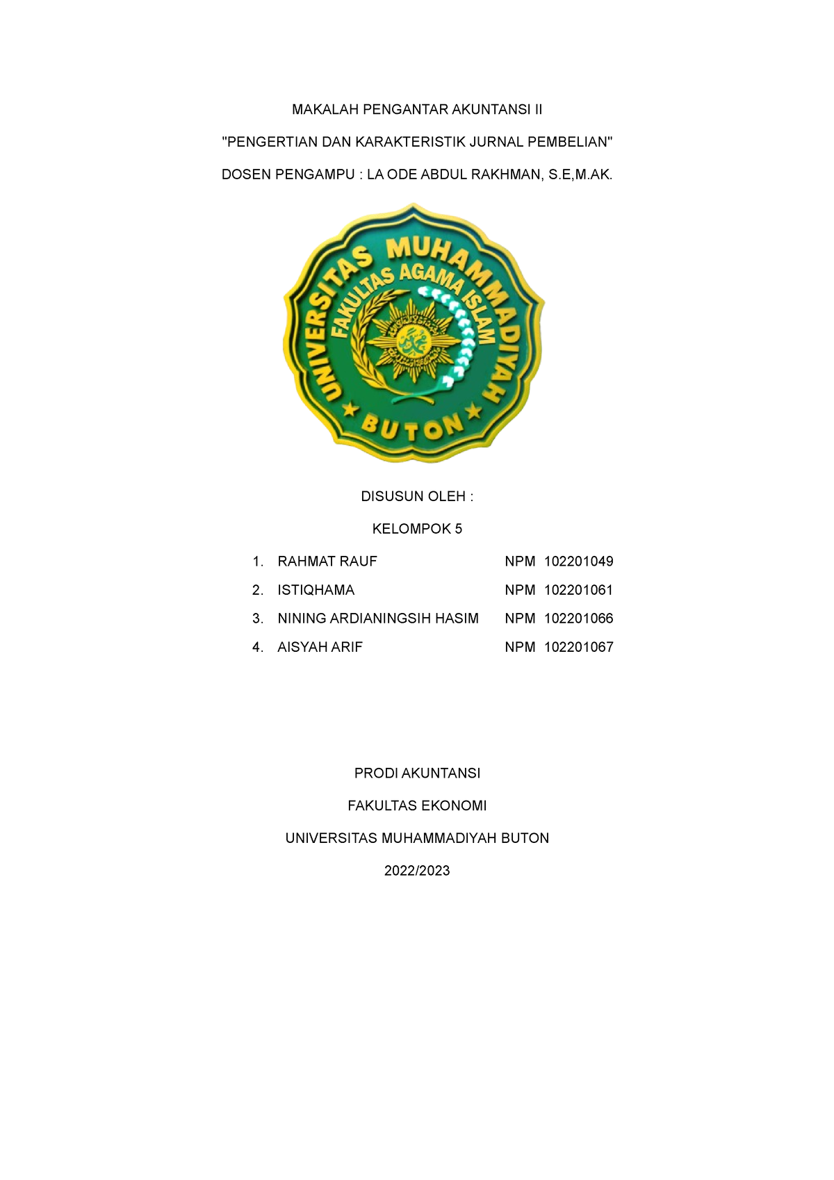 Jurnal Pembelian Kelompok 5 Pa 2 2 Makalah Pengantar Akuntansi Ii