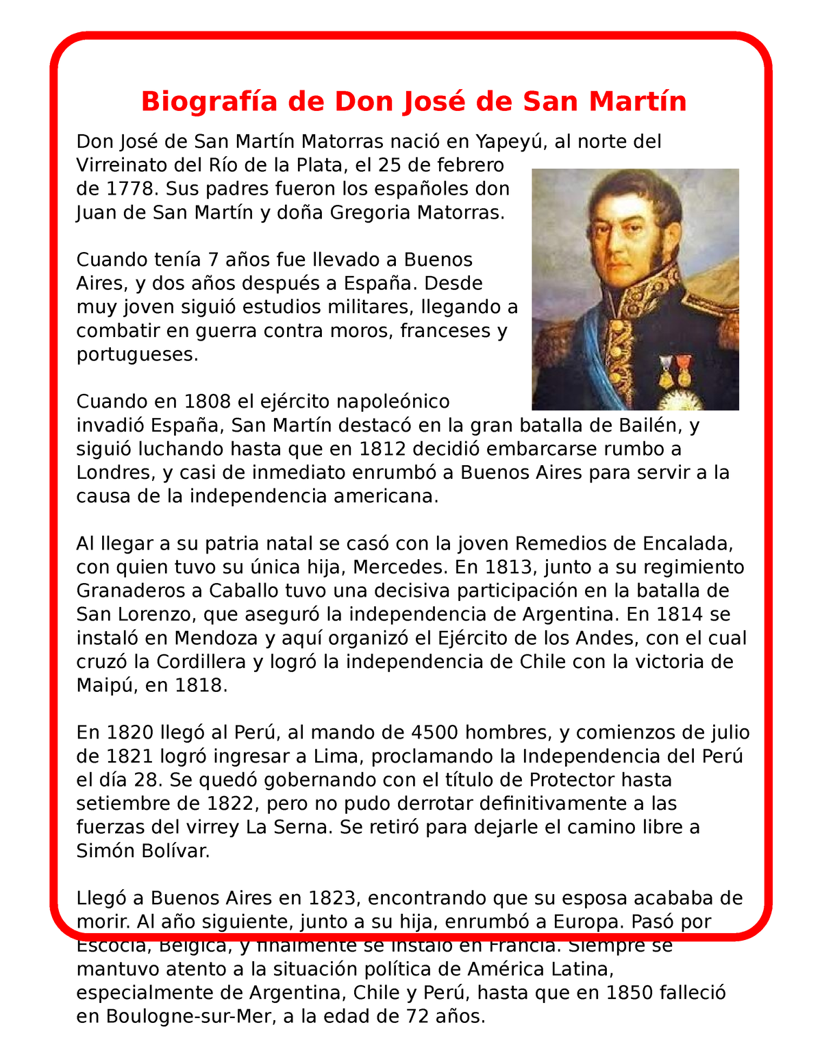 Biografía De Don José De San Martín Biografía De Don José De San