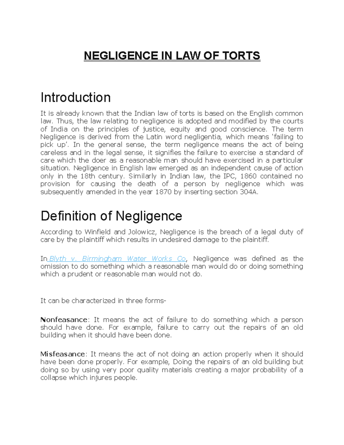 Negligence In Law Of Tort Negligence In Law Of Torts Introduction It