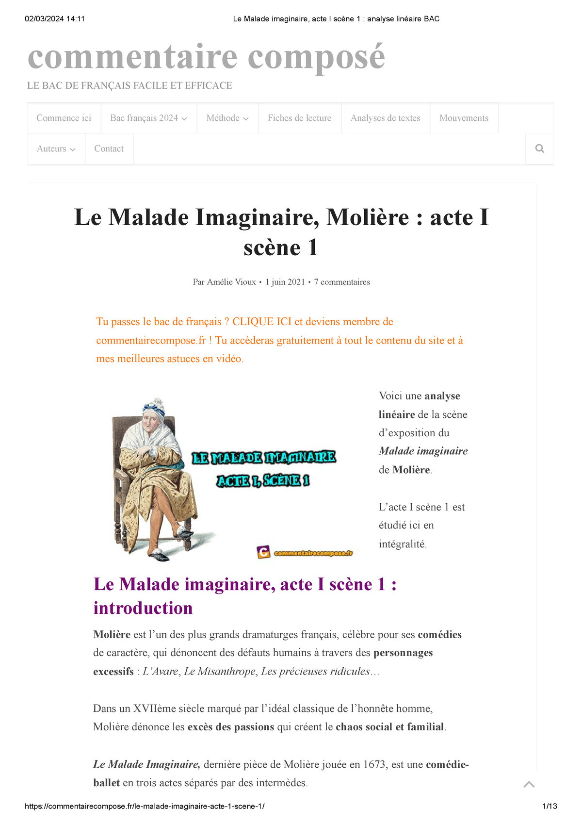 Le Malade Imaginaire Acte I Scène 1 Analyse Linéaire Bac Le Malade