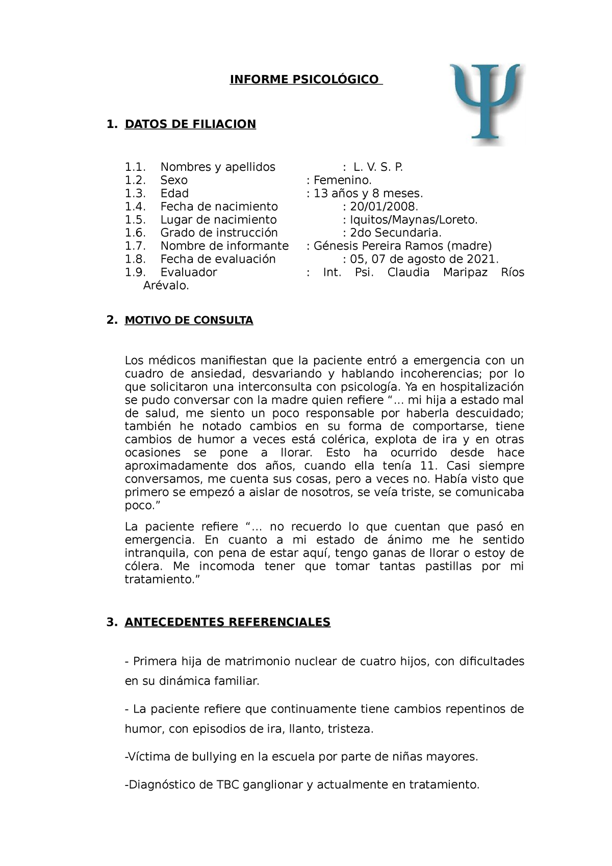 Modelo De Informe Psicologico Madurez Pdf