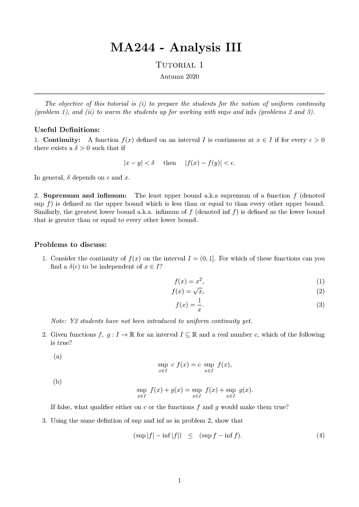 Ma244 Week 1 Tutorial Sheet With Solutions Ma244 Analysis Iii