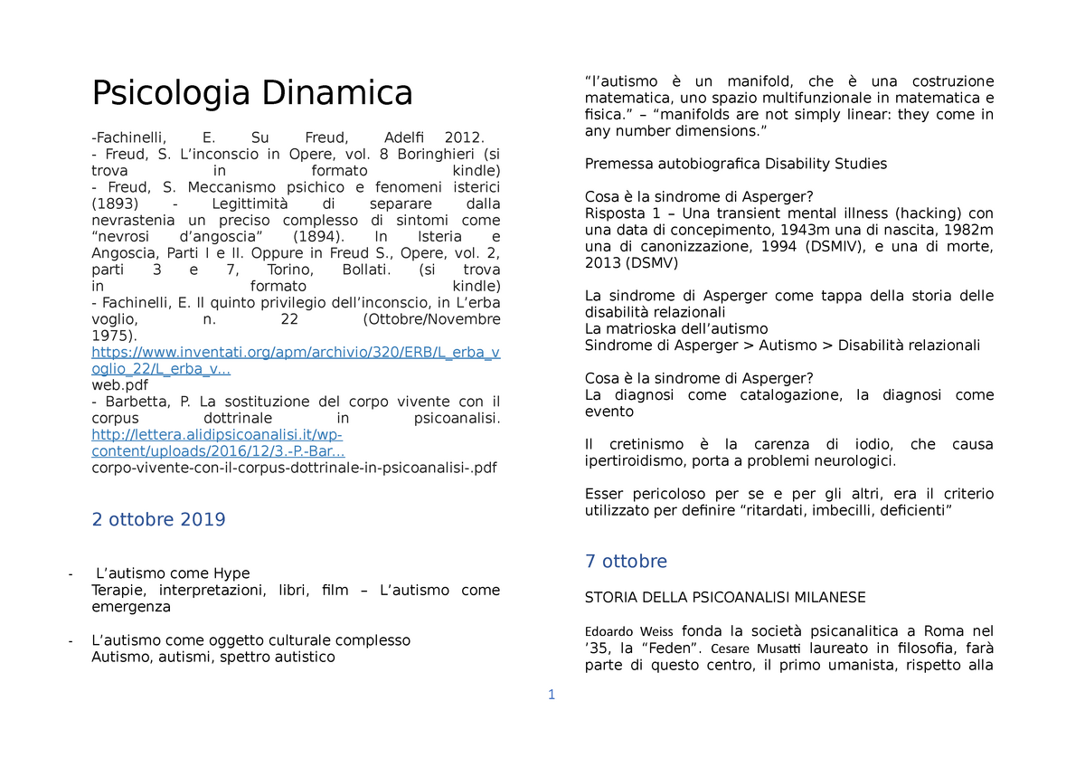 Psicologia Dinamica Appunti Lezioni Barbetta Psicologia Dinamica