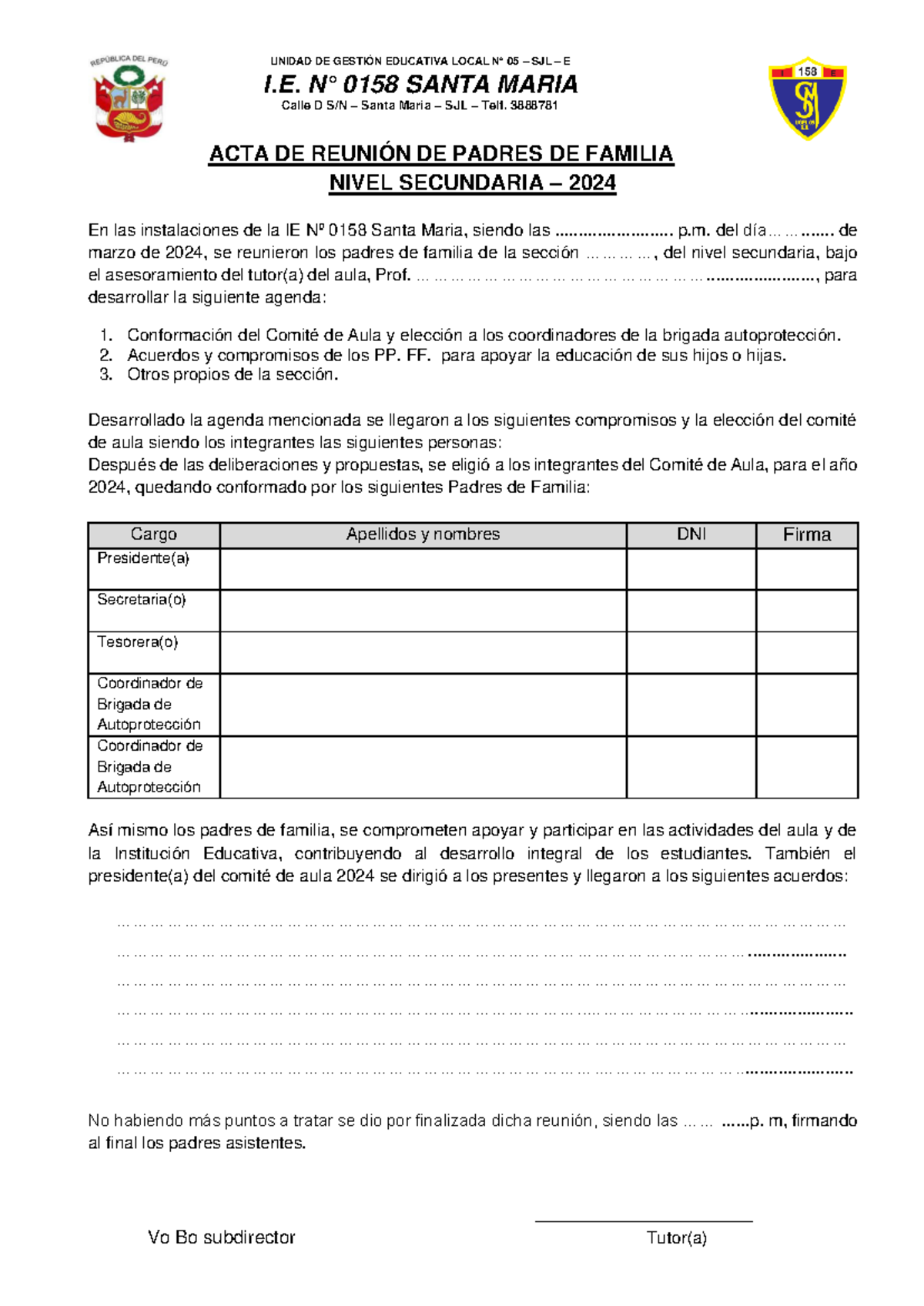 Acta De Constitucion Del Comité De Aula 2024 Unidad De GestiÓn