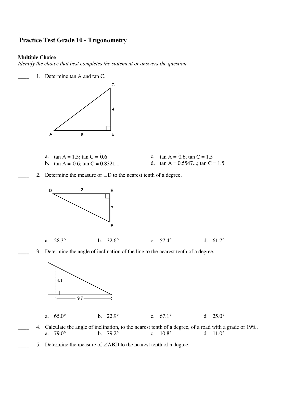 Practice Test Math Grade 10 Trigonometry Practice Test Grade 10