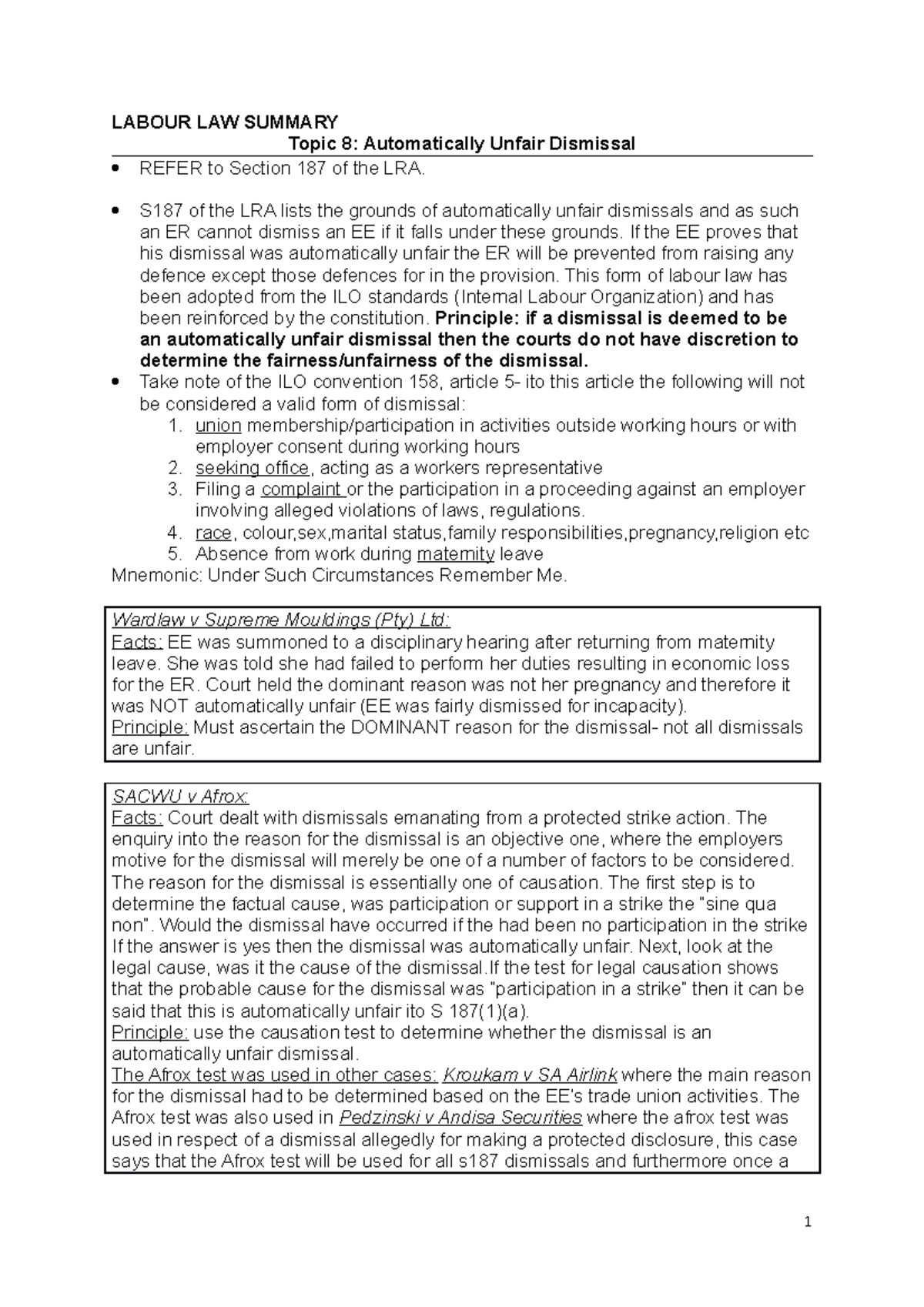 Labour Law Summary Labour Law Summary Topic 8 Automatically Unfair