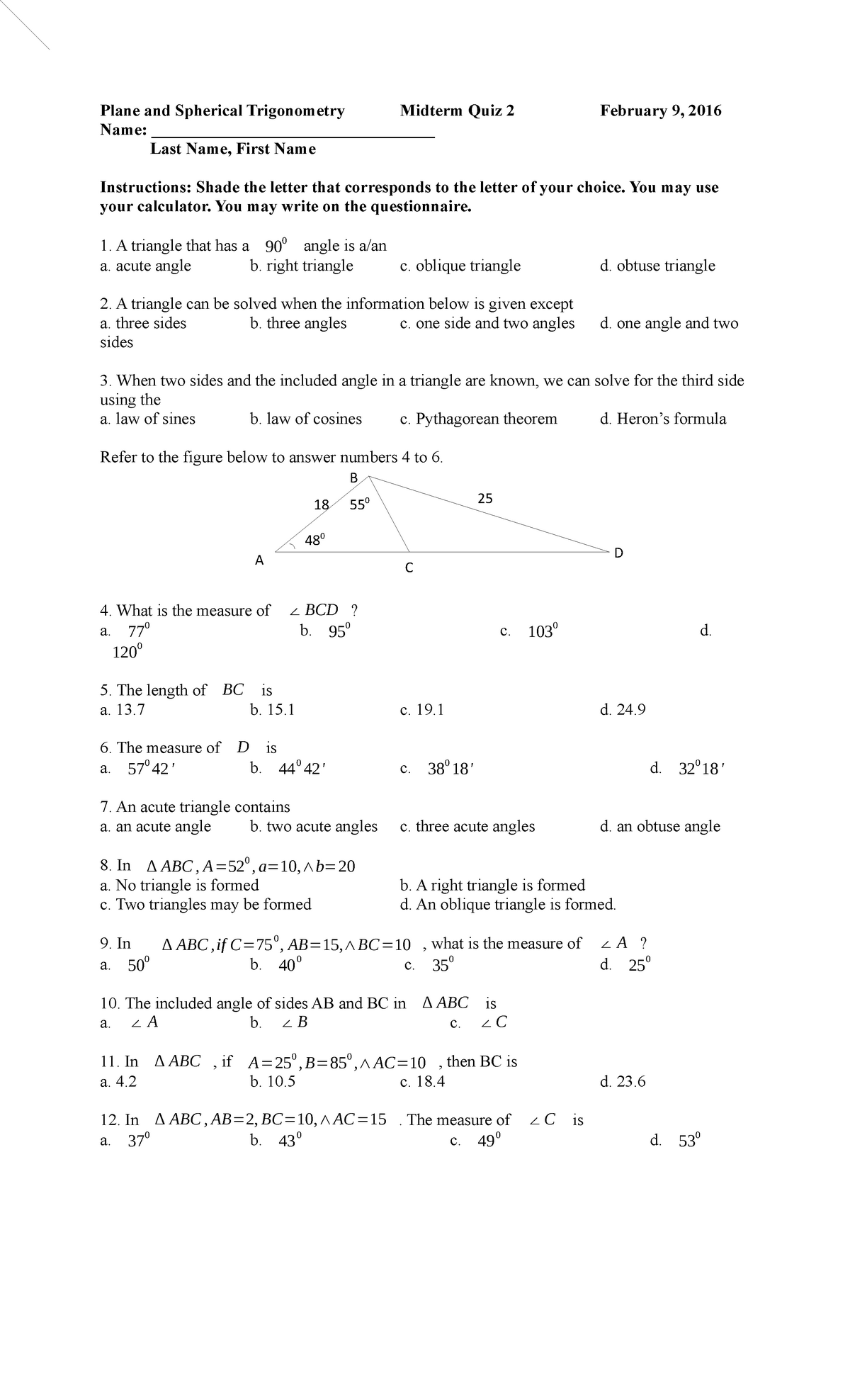 Pst Midterm Quiz 2 Feb 9 2016 Plane And Spherical Trigonometry