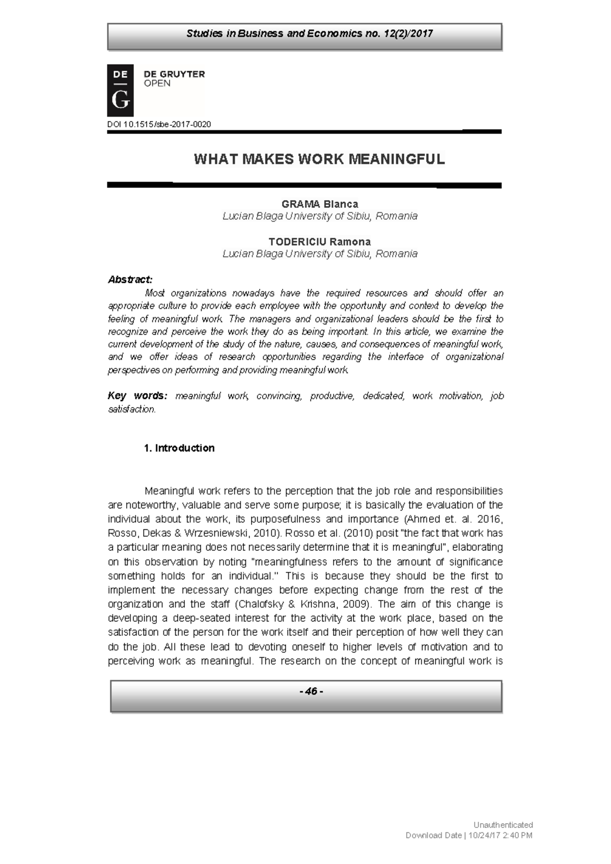 What Makes Work Meaningful 46 Doi 10sbe 2017 What Makes Work