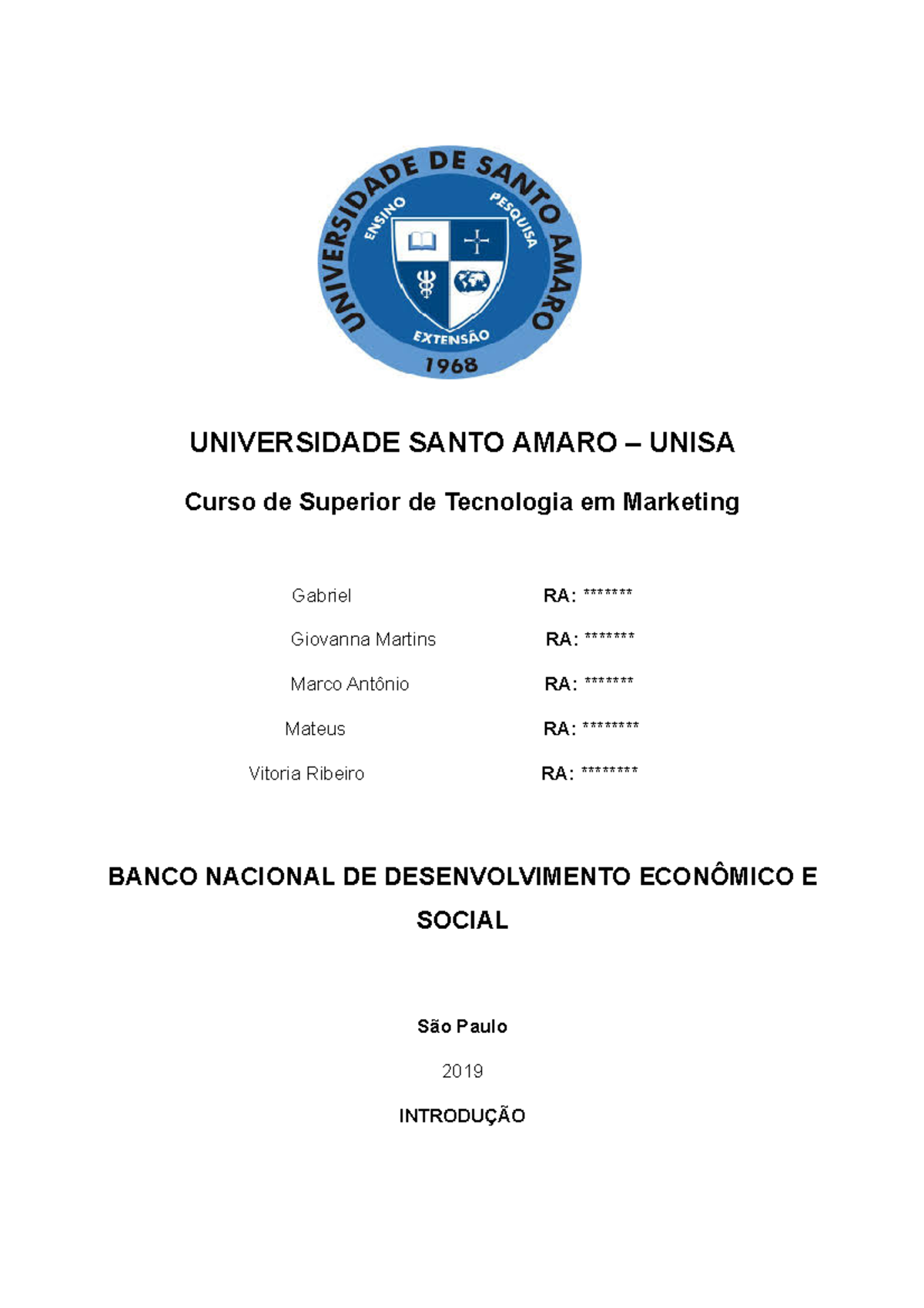 Bndes Trabalho Universidade Santo Amaro Unisa Curso De Superior