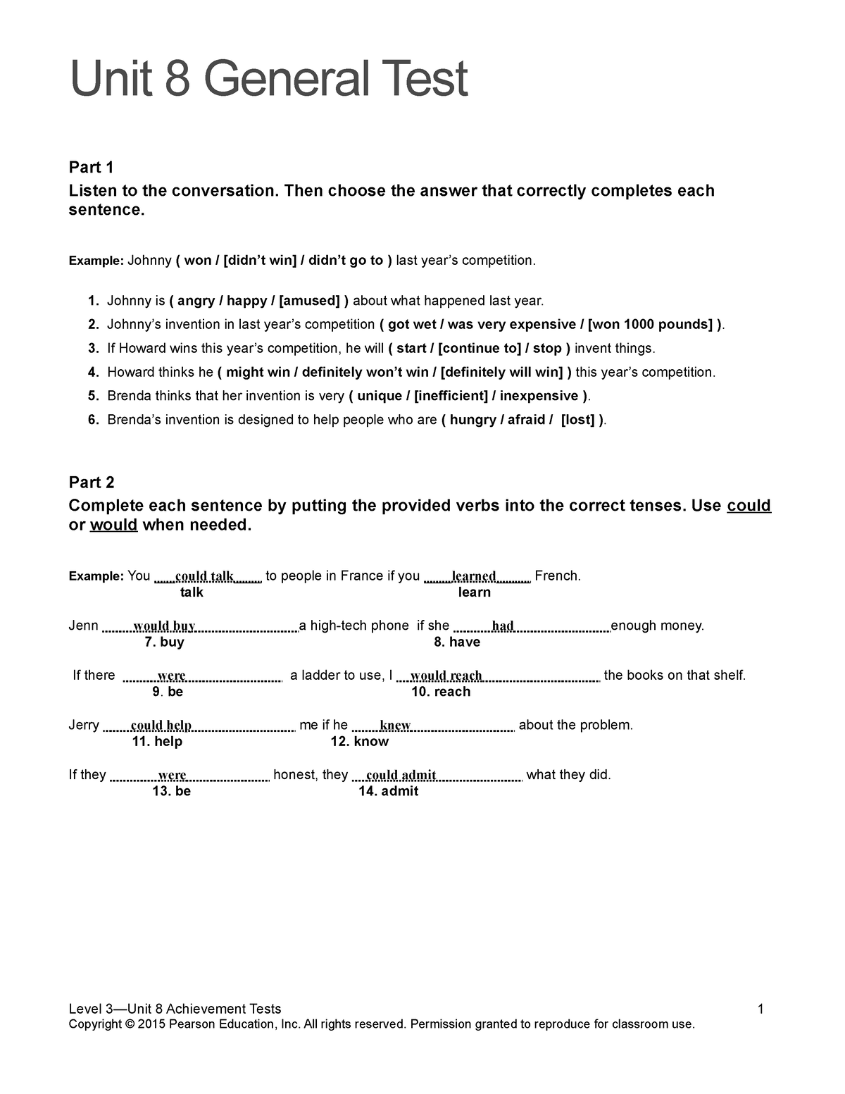 Tn3 Unit 8 Assessment Top Notch2 Unit 8 General Test Part 1 Listen