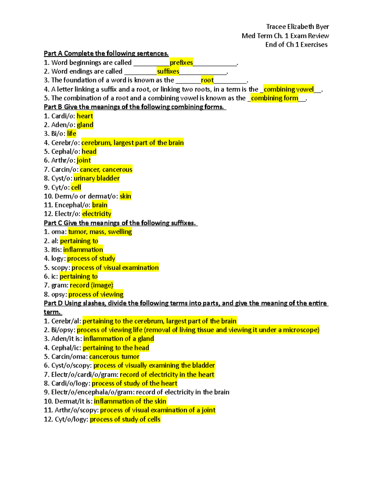 Chapter 1 Exercises And Terminology Med Term Ch 1 Exam Review End Of