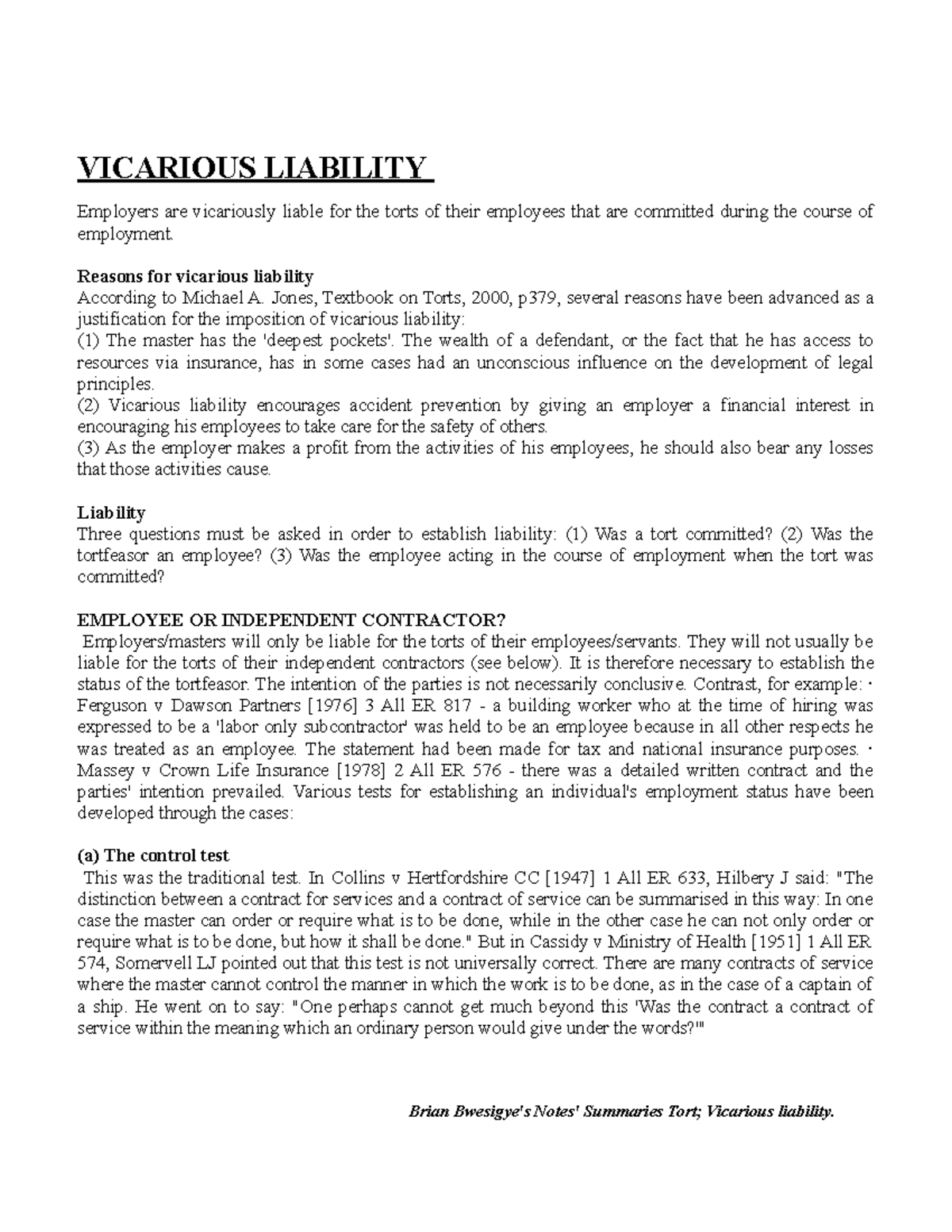 Notes Summaries Vicarious Liability Vicarious Liability Employers