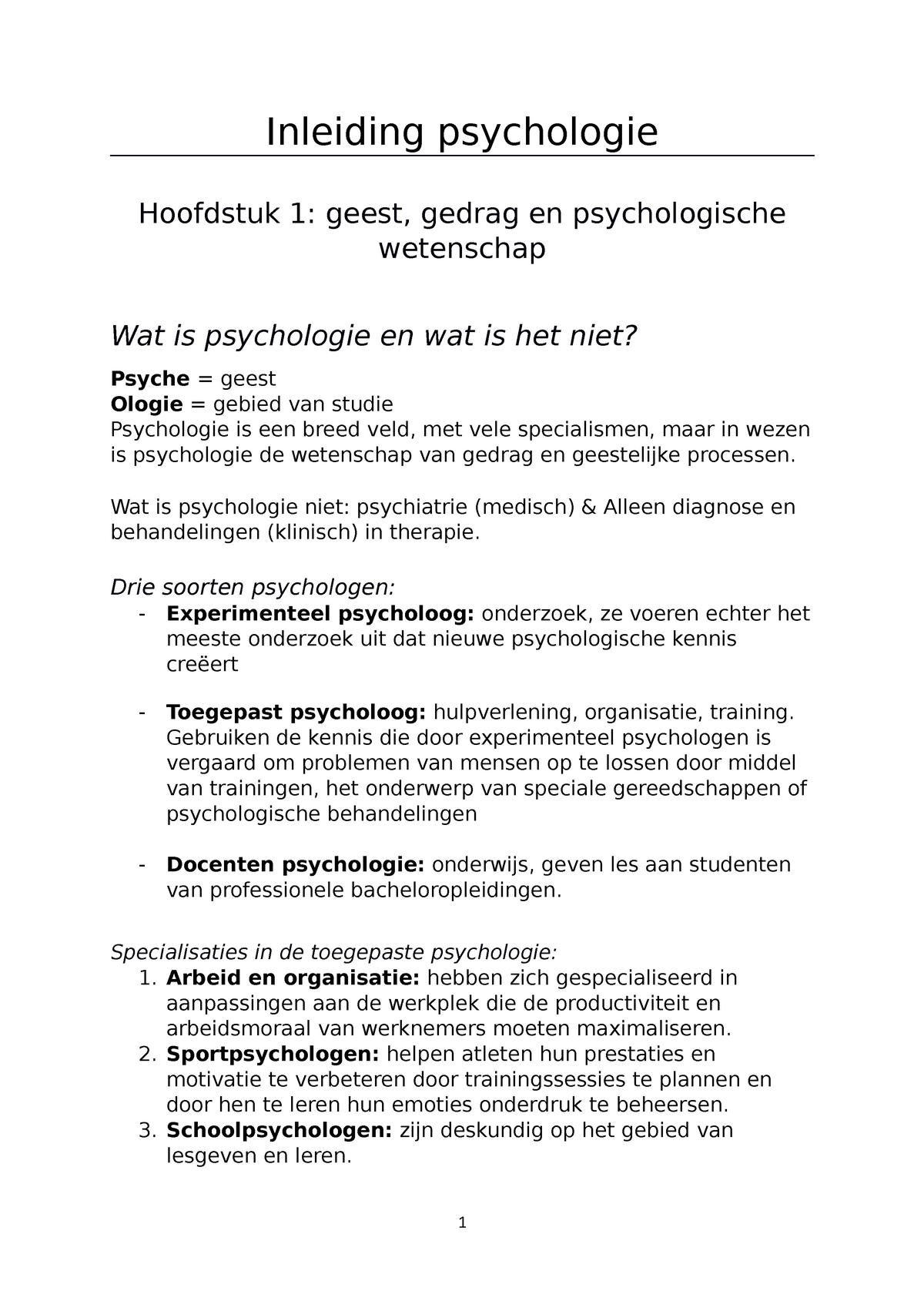 Inleiding Psychologie Samenvatting Inleiding Psychologie Hoofdstuk 1