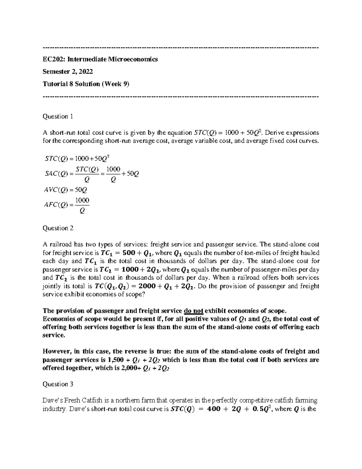 Tutorial 8 Solution Ec202 Intermediate Microeconomics Semester 2