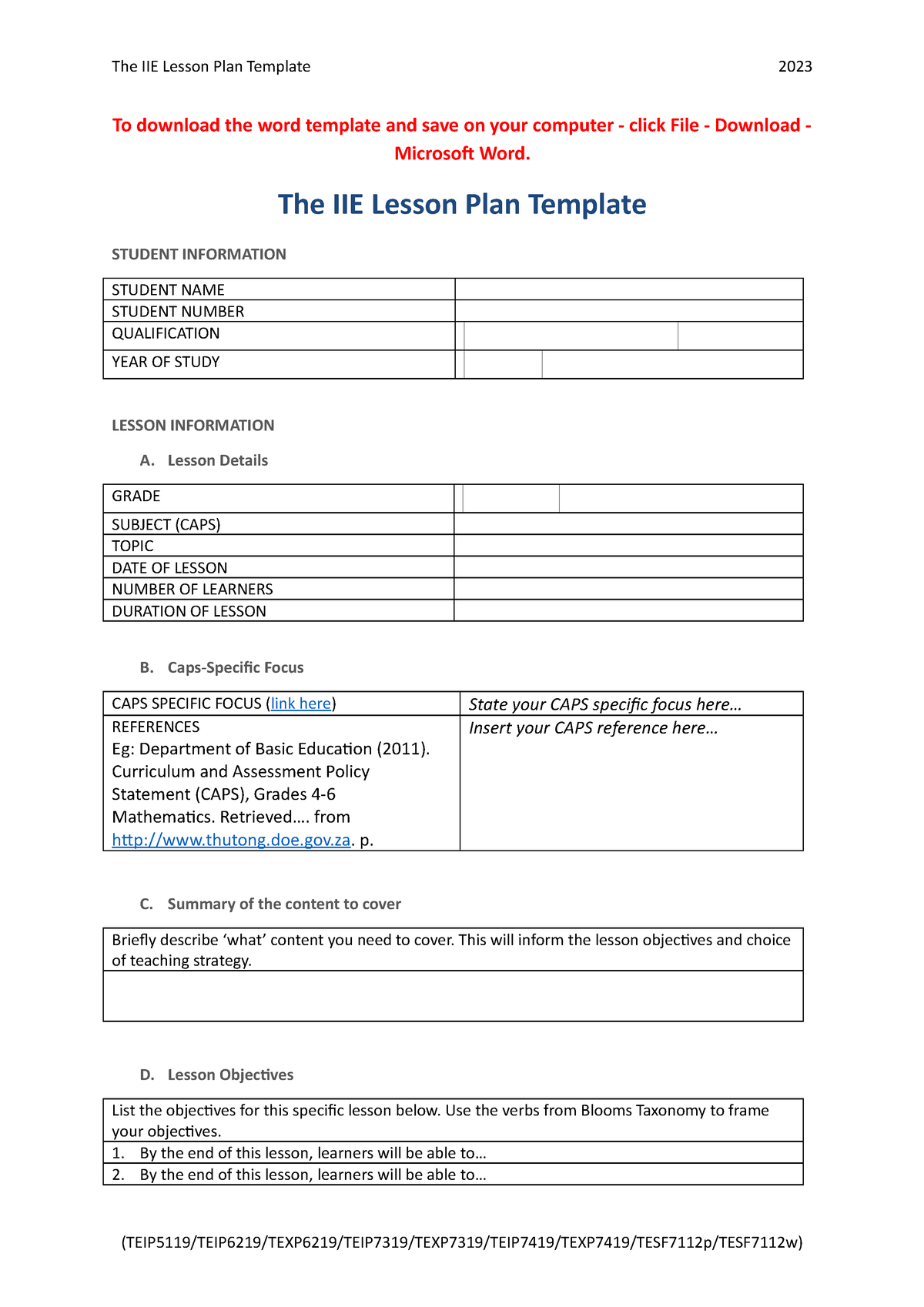 The Iie Lesson Plan Template To Download The Word Template And Save