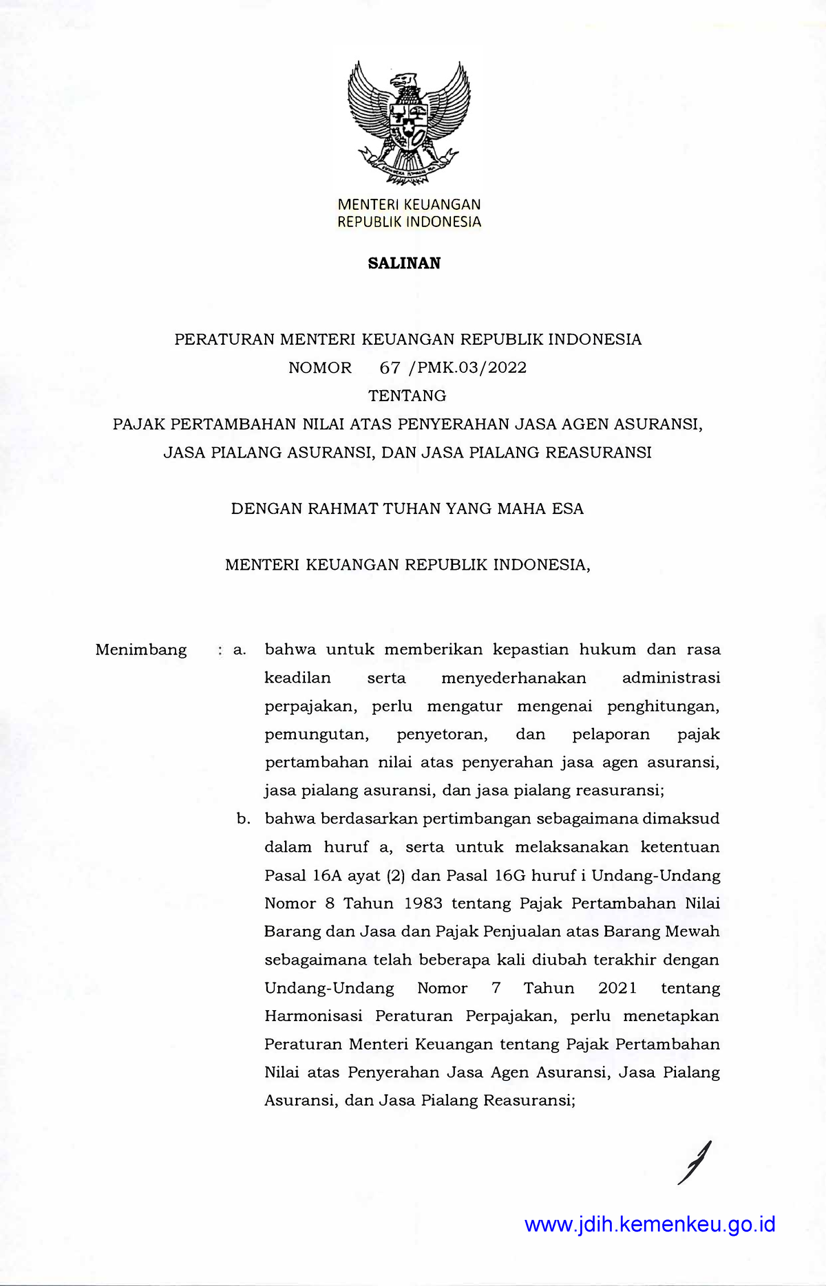 67 Pmk Menteri Keuangan Republik Indonesia Peraturan Menter