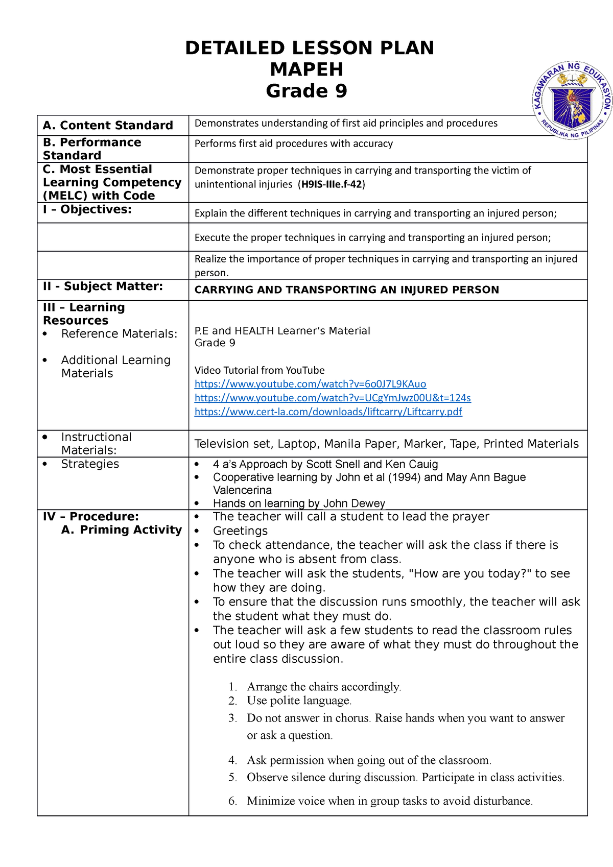 Co 1 Lp Mapeh 9 Lesson Plan Detailed Lesson Plan Mapeh Grade 9 A