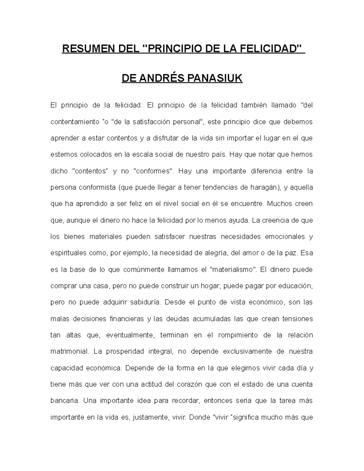 Principio De La Felicidad Resumen Del Principio De La Felicidad De