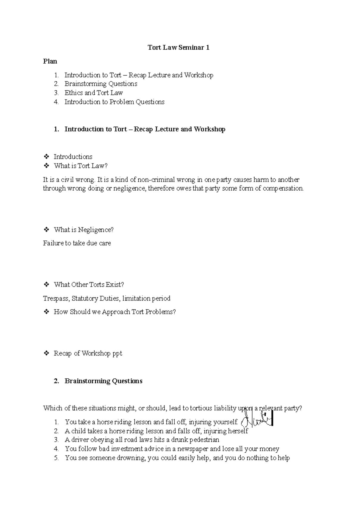 Tort Law Seminar 1 Lecture Notes 1 Tort Law Seminar 1 Plan