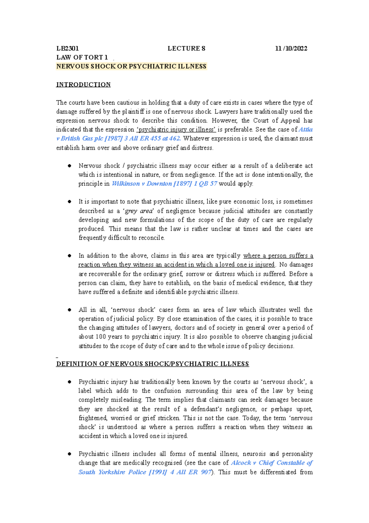 Lb2301 Tort Lecture 8 Lb2301 Lecture 8 11 10 Law Of Tort 1 Nervous