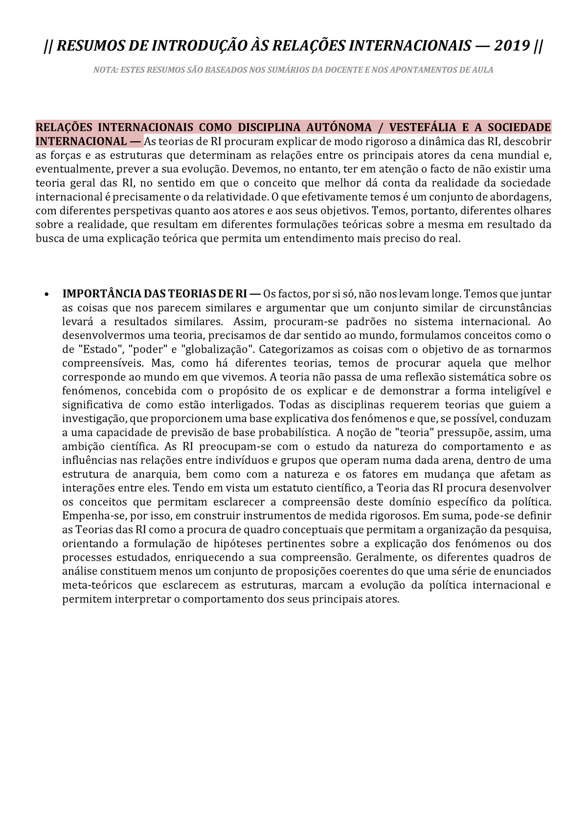 Introdução Às Relações Internacionais Aparte Resumos De