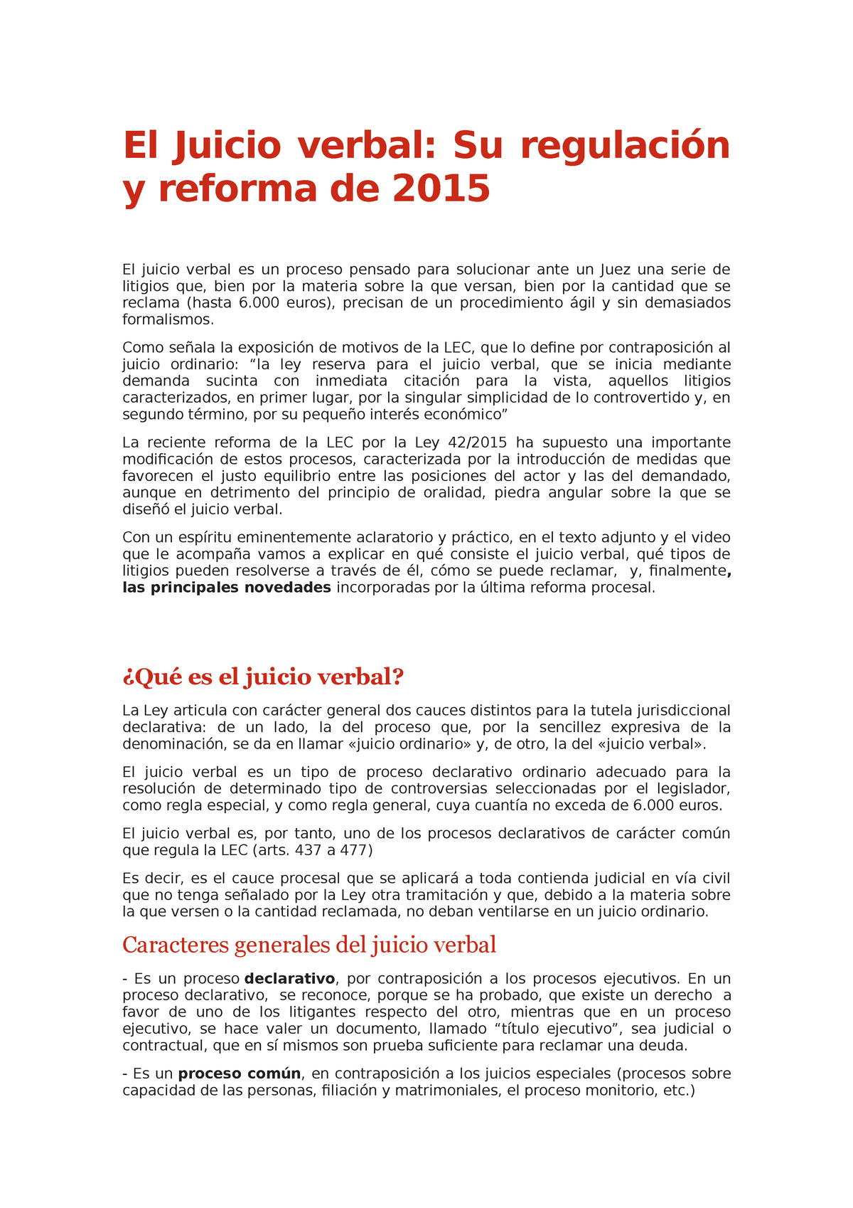 Juicio Ordinario Y Juicio Verbal El Juicio Verbal Su Regulación Y